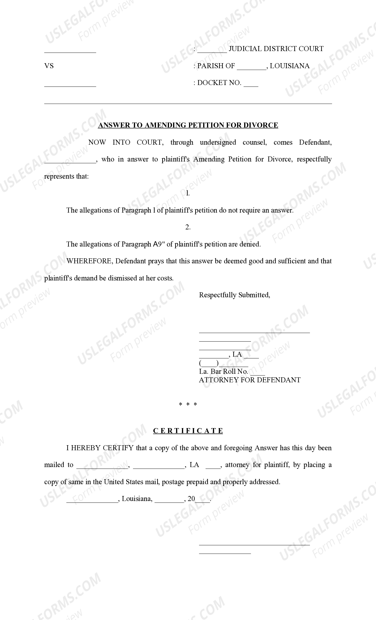 Louisiana Answer to Amending Petition for Divorce - Answer Court ...