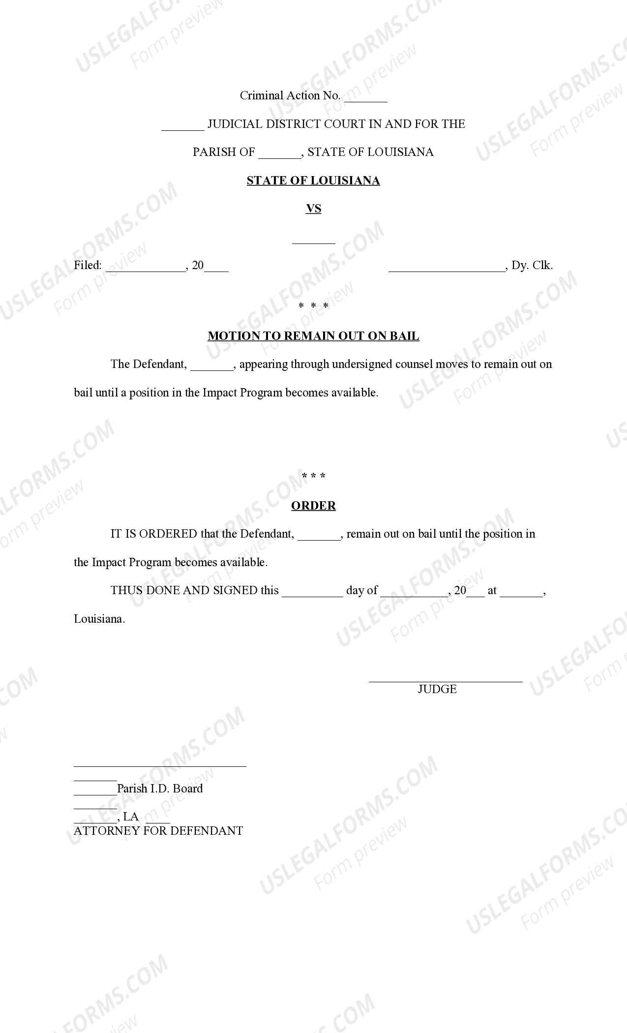 Louisiana Motion to Remain Out on Bail - Bail | US Legal Forms