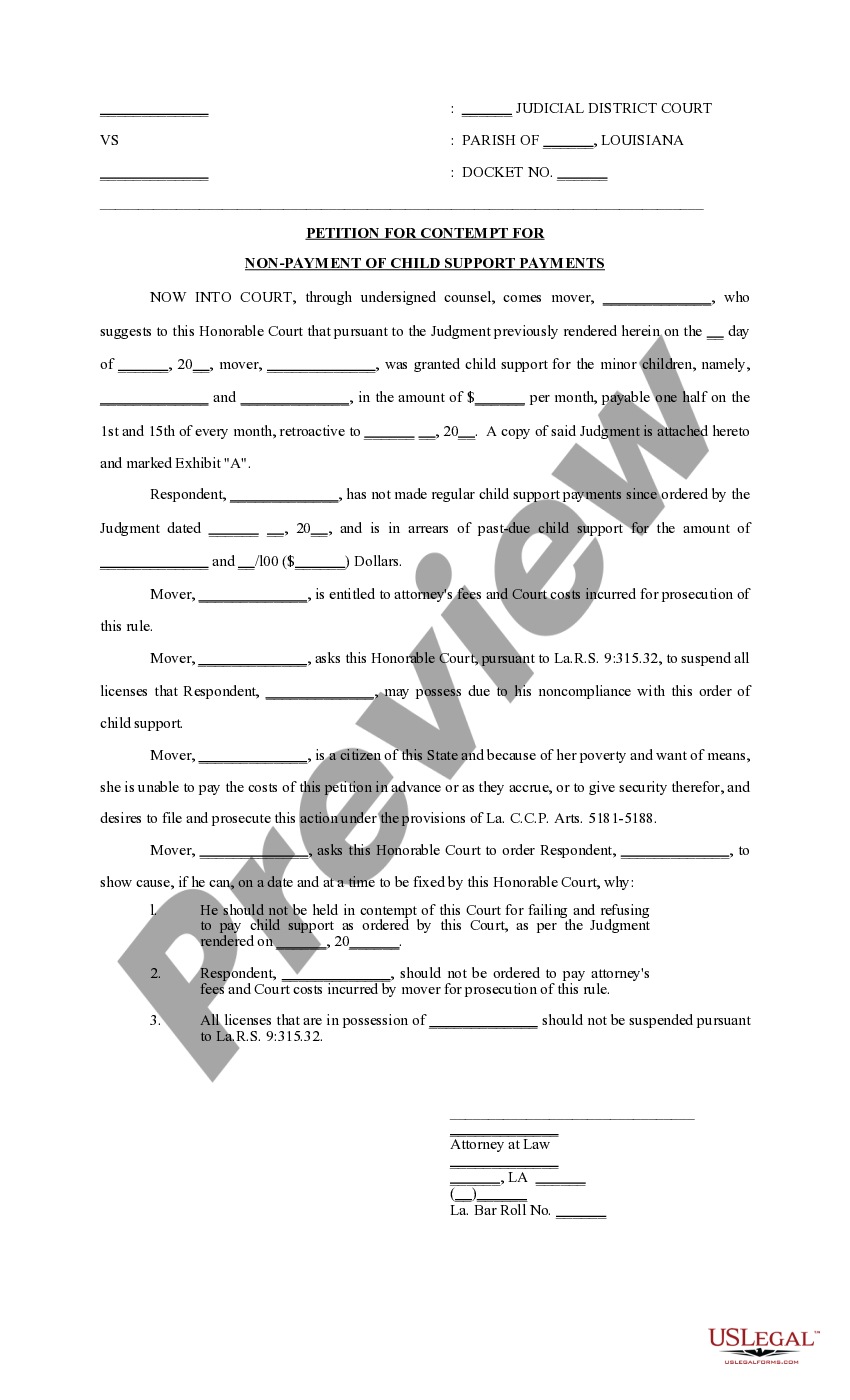 Shreveport Louisiana Petition For Contempt For Nonpayment Of Child 