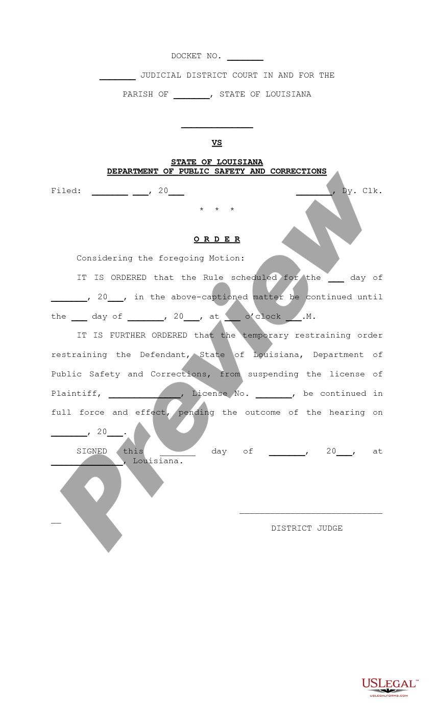 Louisiana Motion and Order to Continue Rule Date and Temporary ... Louisiana Motion and Order to Continue Rule Date and Temporary ...