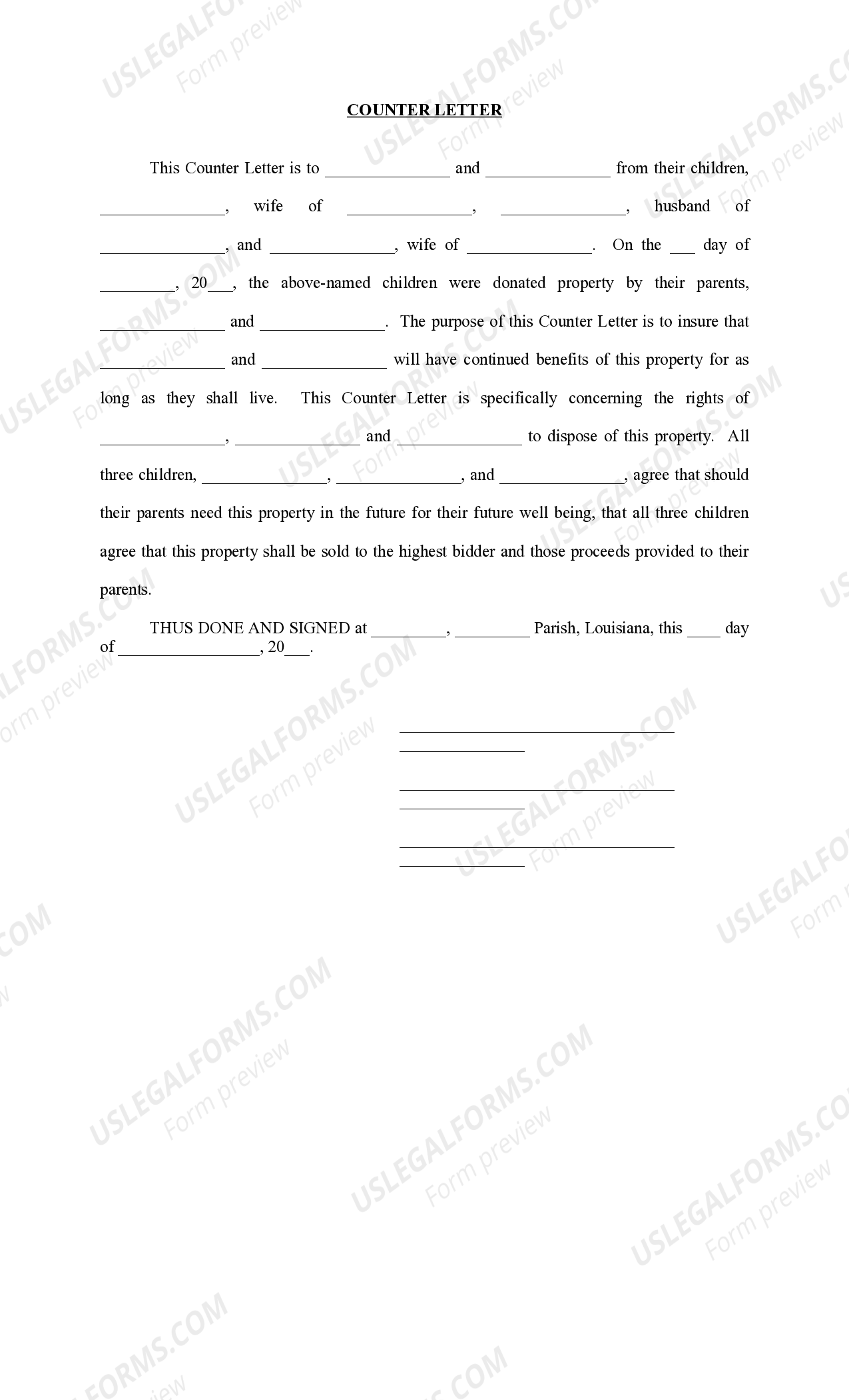 Louisiana Counter Letter for Land Donation from parents to children ...