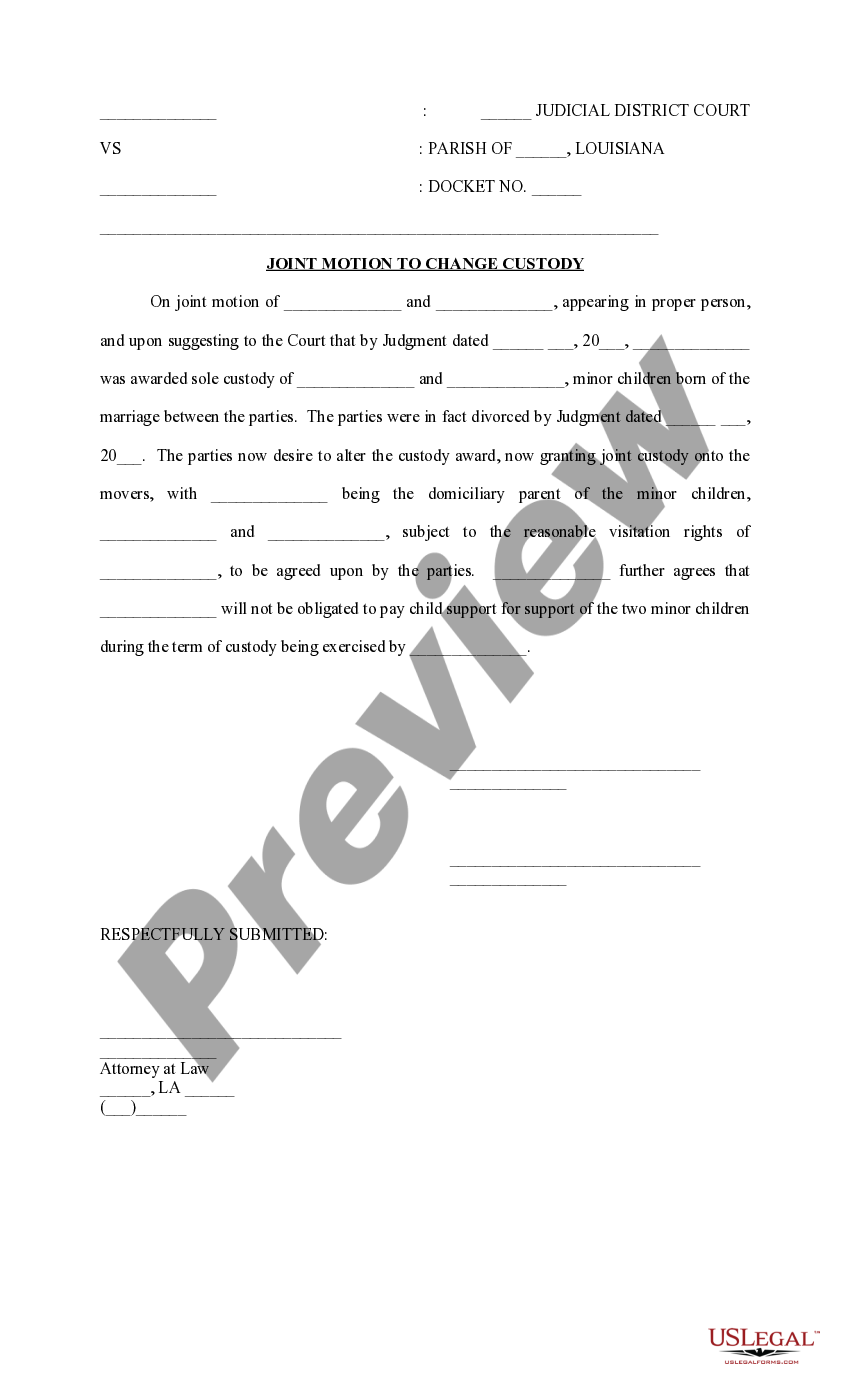 Shreveport Louisiana Joint Motion To Change Custody Petition To