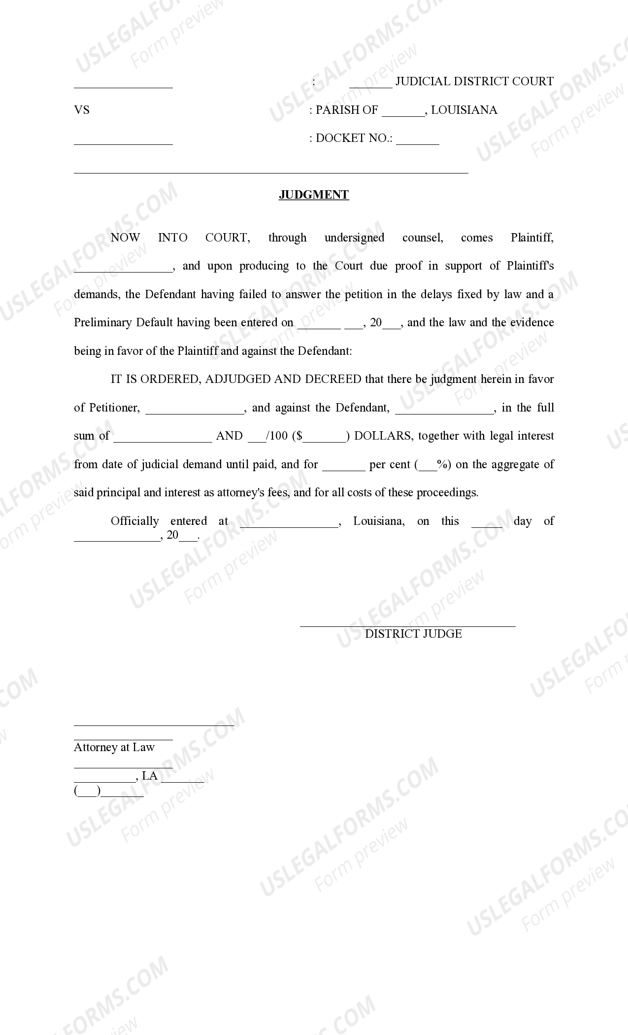 Louisiana Judgment, Preliminary Default - Louisiana Judgment | US Legal Forms
