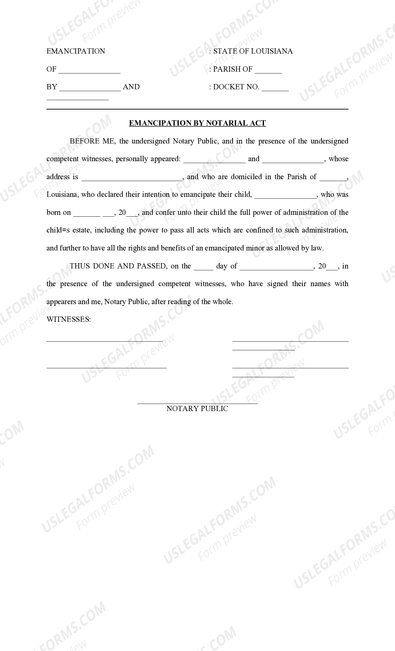 Louisiana Emancipation by Notarial Act - Notarial | US Legal Forms