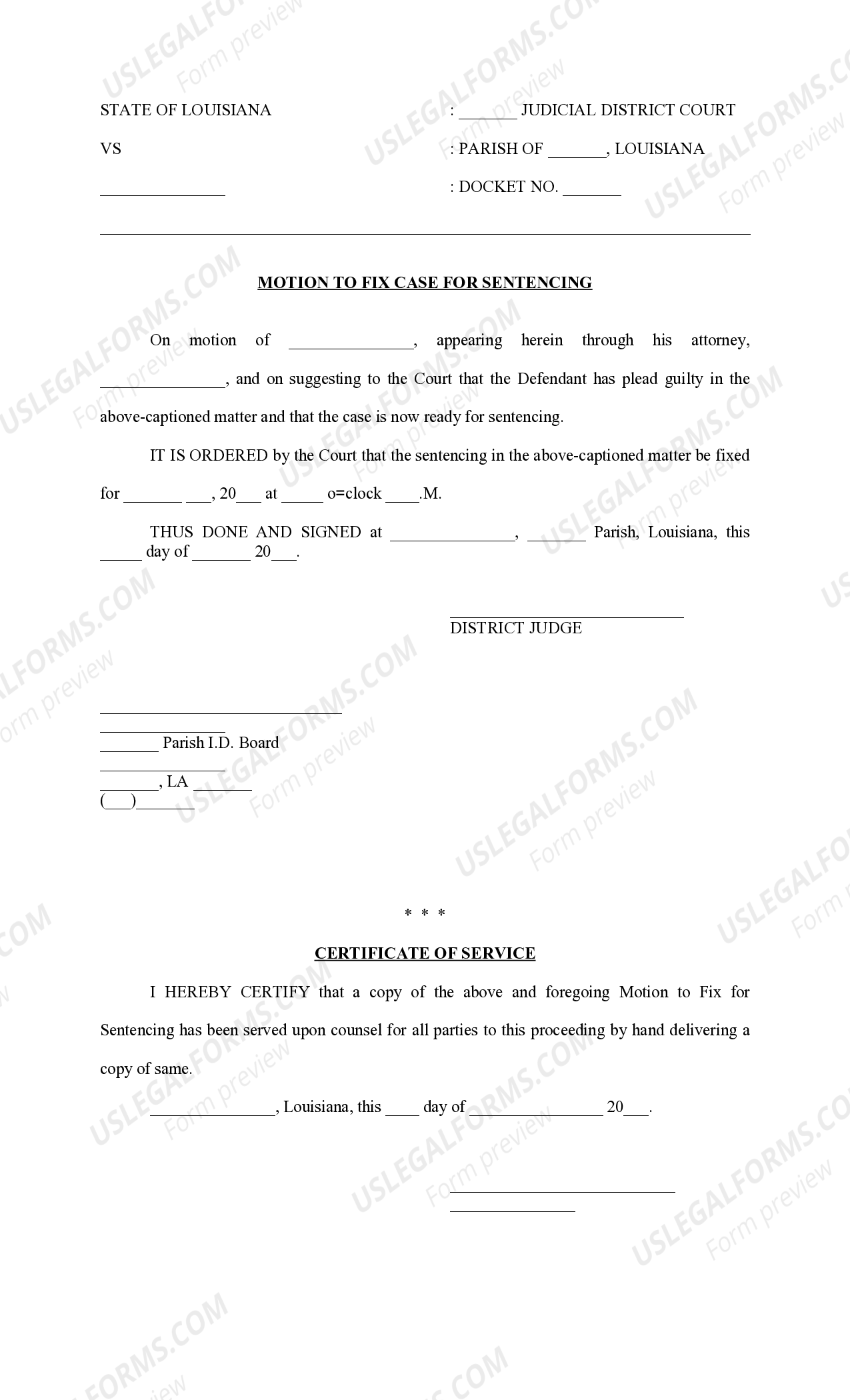 Louisiana Motion to Fix Case for Sentencing | US Legal Forms