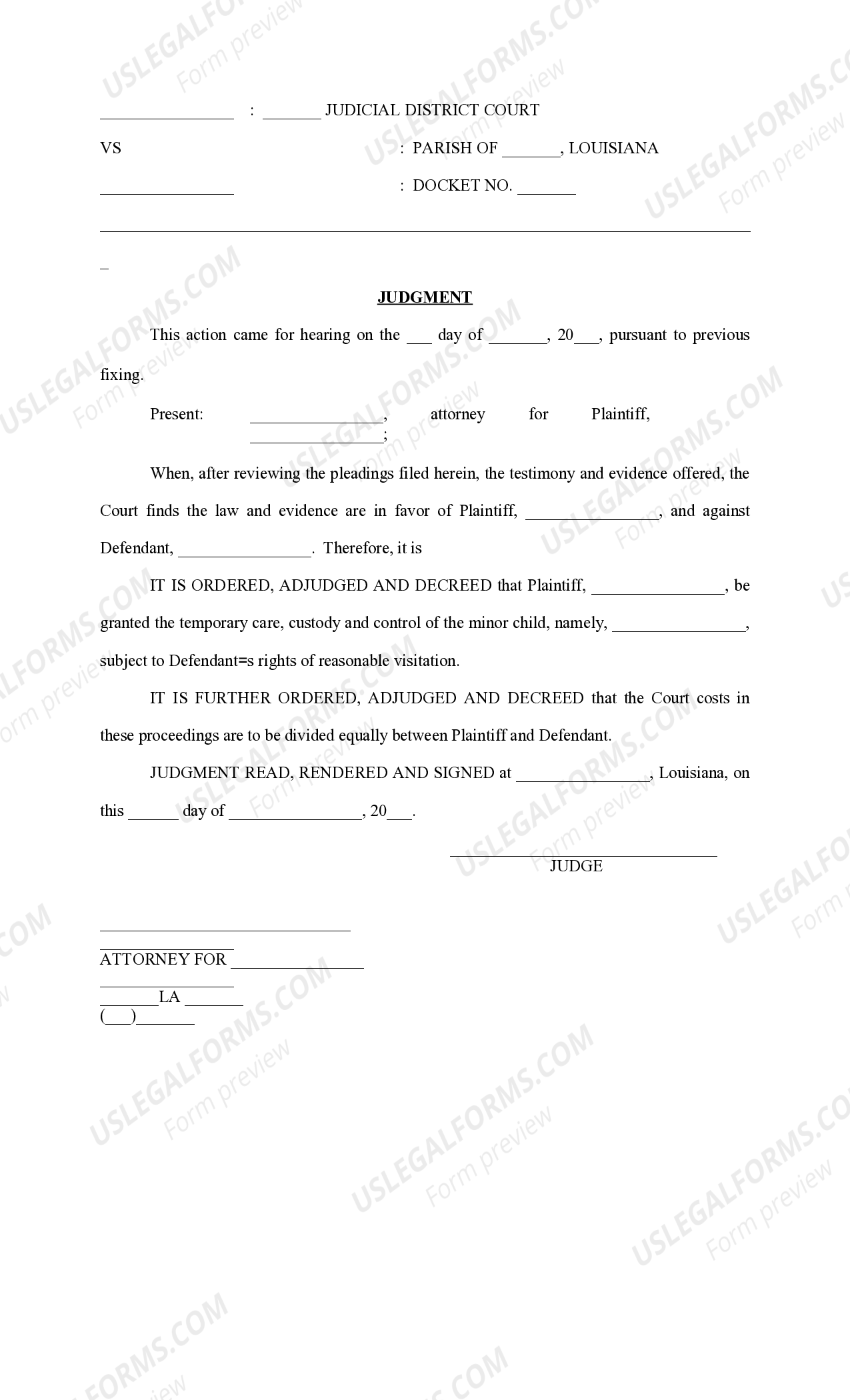 Louisiana Judgment for Temporary Custody to Plaintiff | US Legal Forms