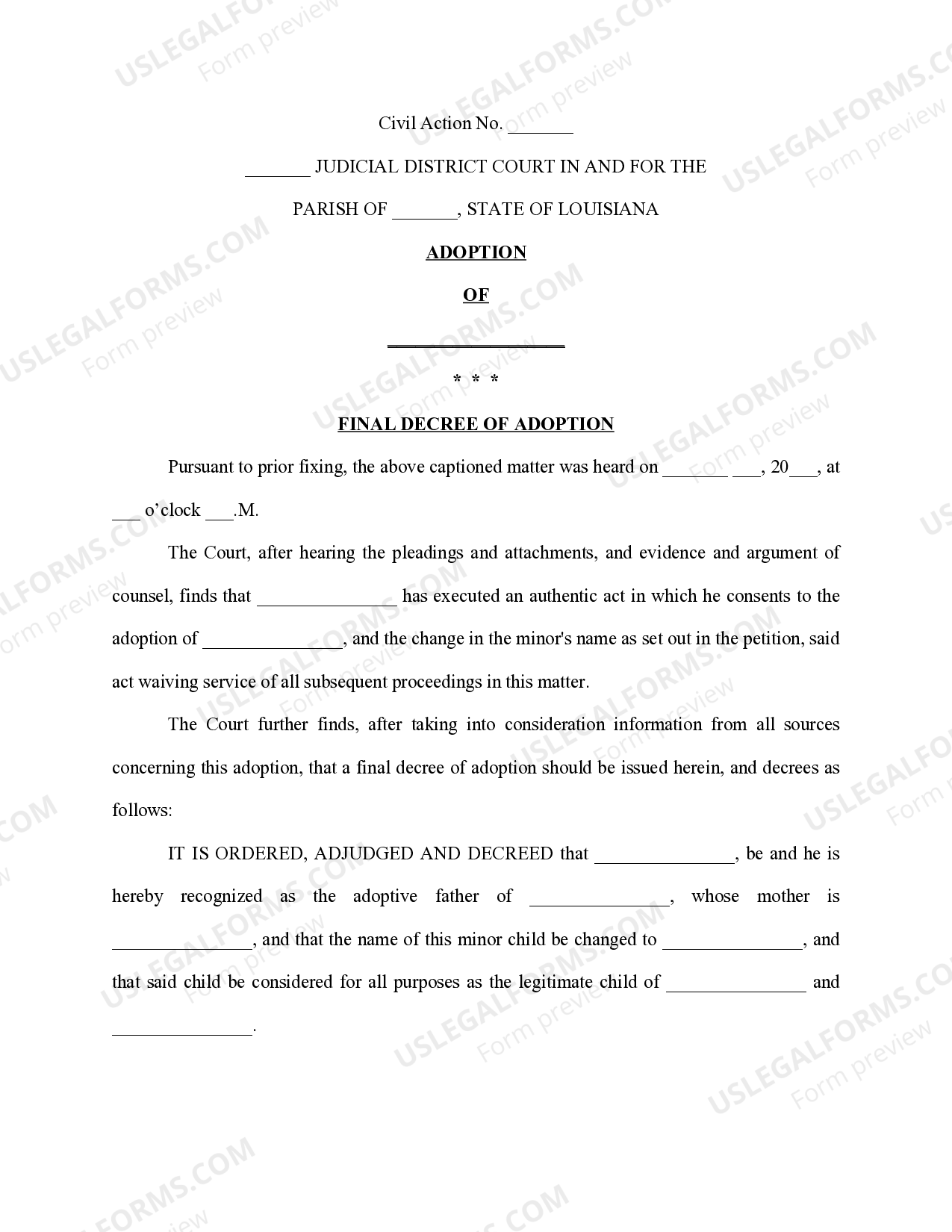 Louisiana Final Decree of Adoption - Final Decree Of Adoption | US ...