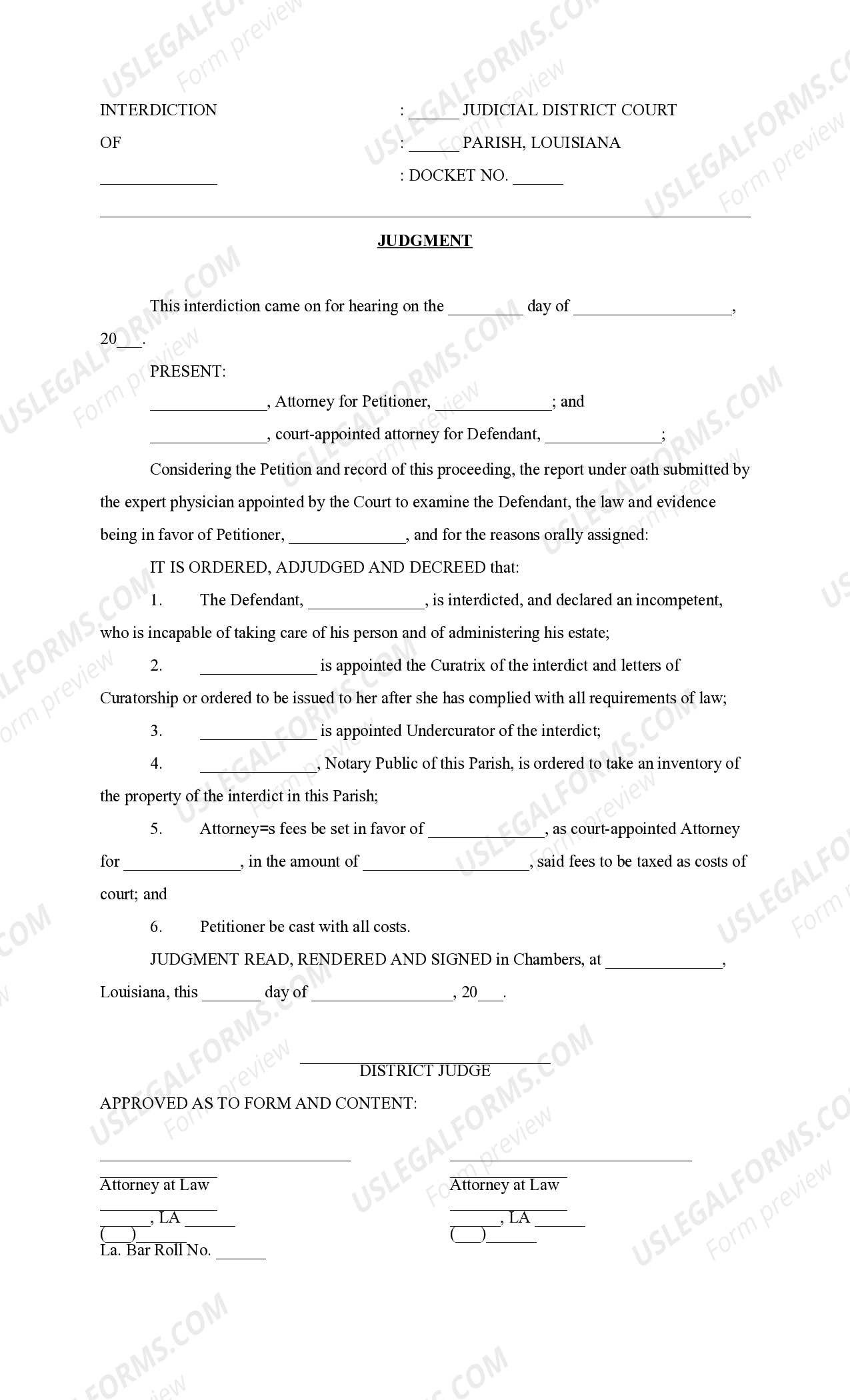 Louisiana Judgment on Interdiction - Interdiction | US Legal Forms