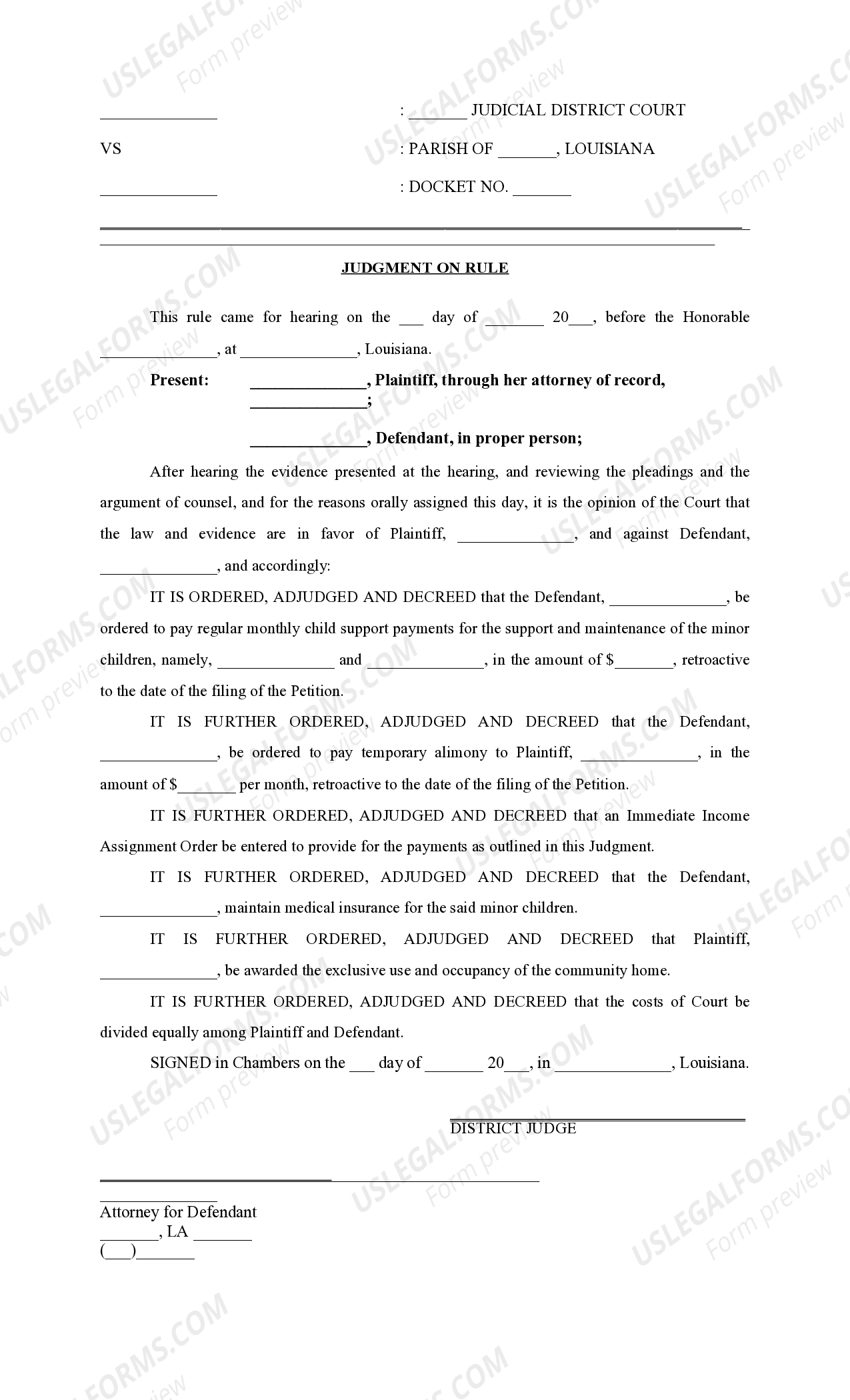 Louisiana Judgment on Rule of Child Support, Alimony - Alimony Income ...