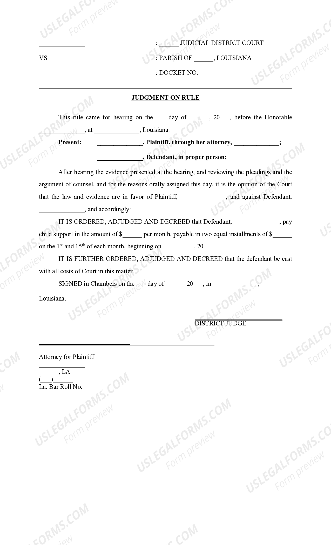 Louisiana Judgment on Rule for Child Support - La Child Support | US ...