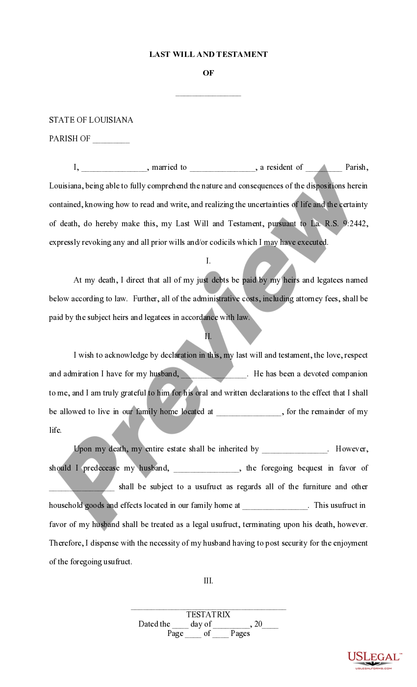 Louisiana Last Will And Testament Spouse No Children Last Will Testament US Legal Forms