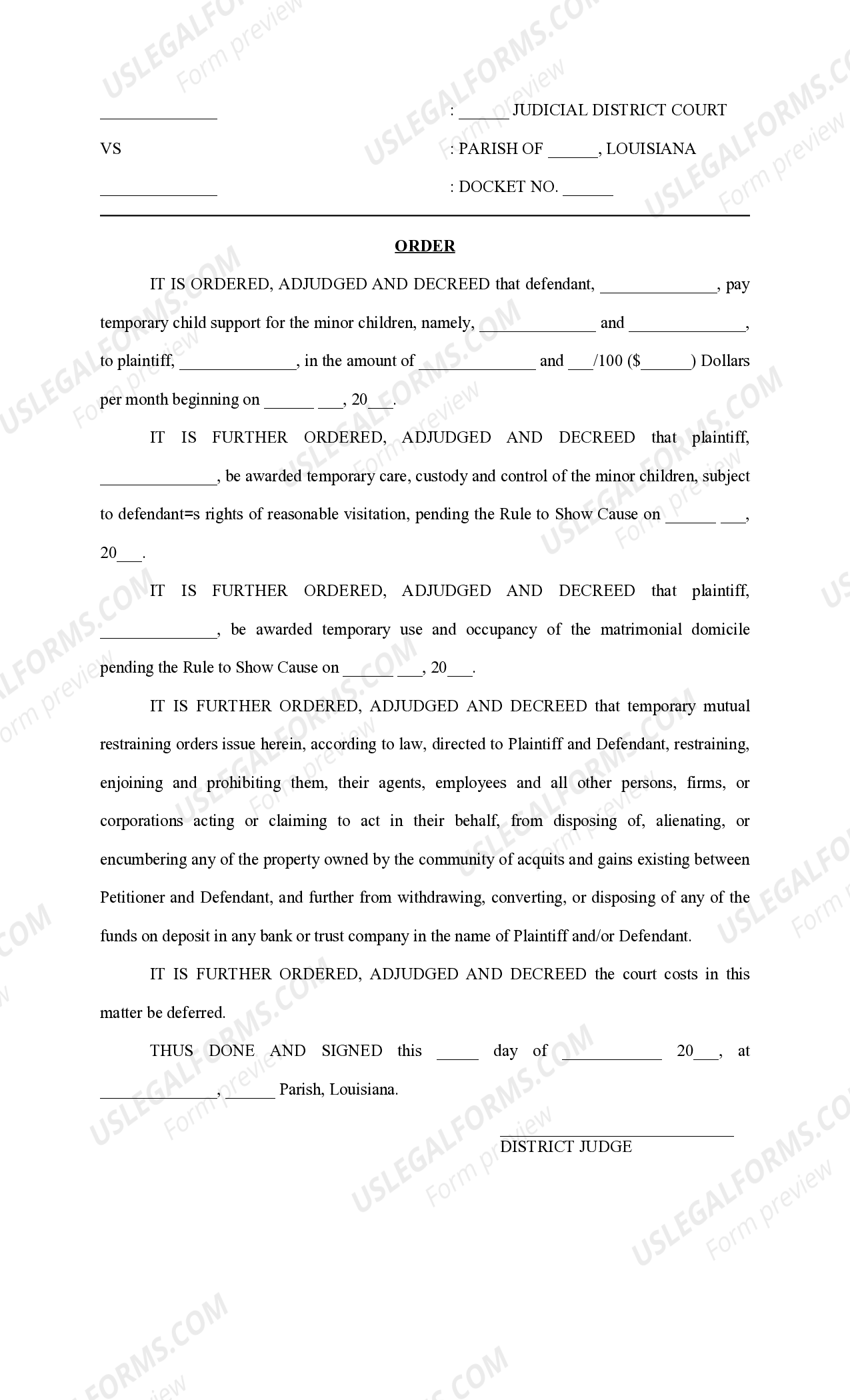 Louisiana Order for Child Support, Temporary Custody, Use of Domicile ...
