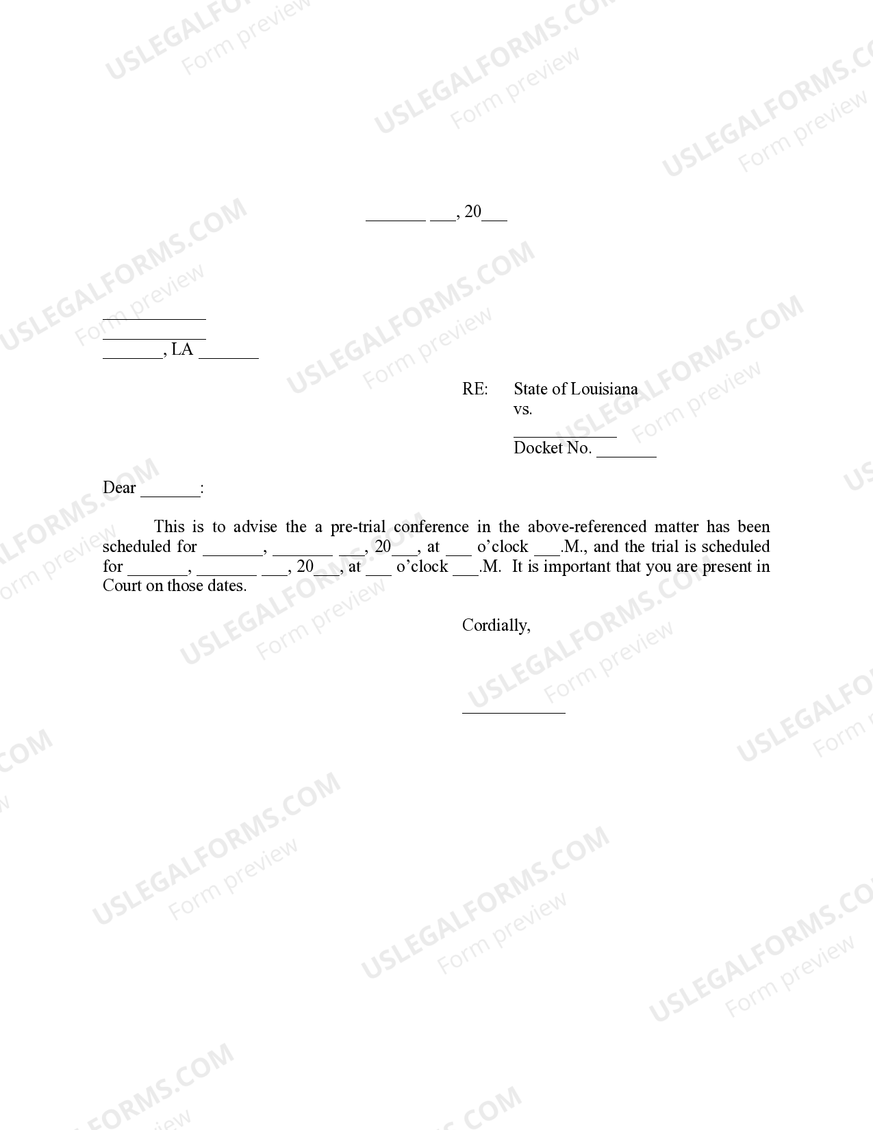 Louisiana Letter to Client Advising of Pretrial Conference and Trial ...