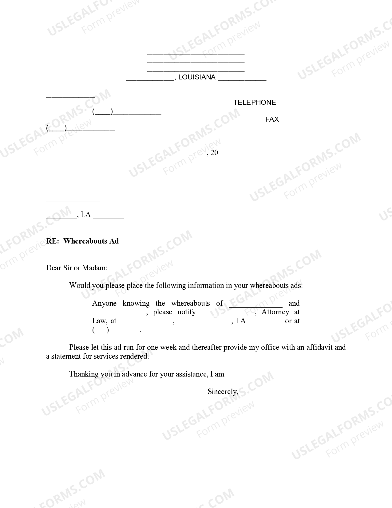 Louisiana Letter to Newspaper - Legal Advertisement Letter | US Legal Forms