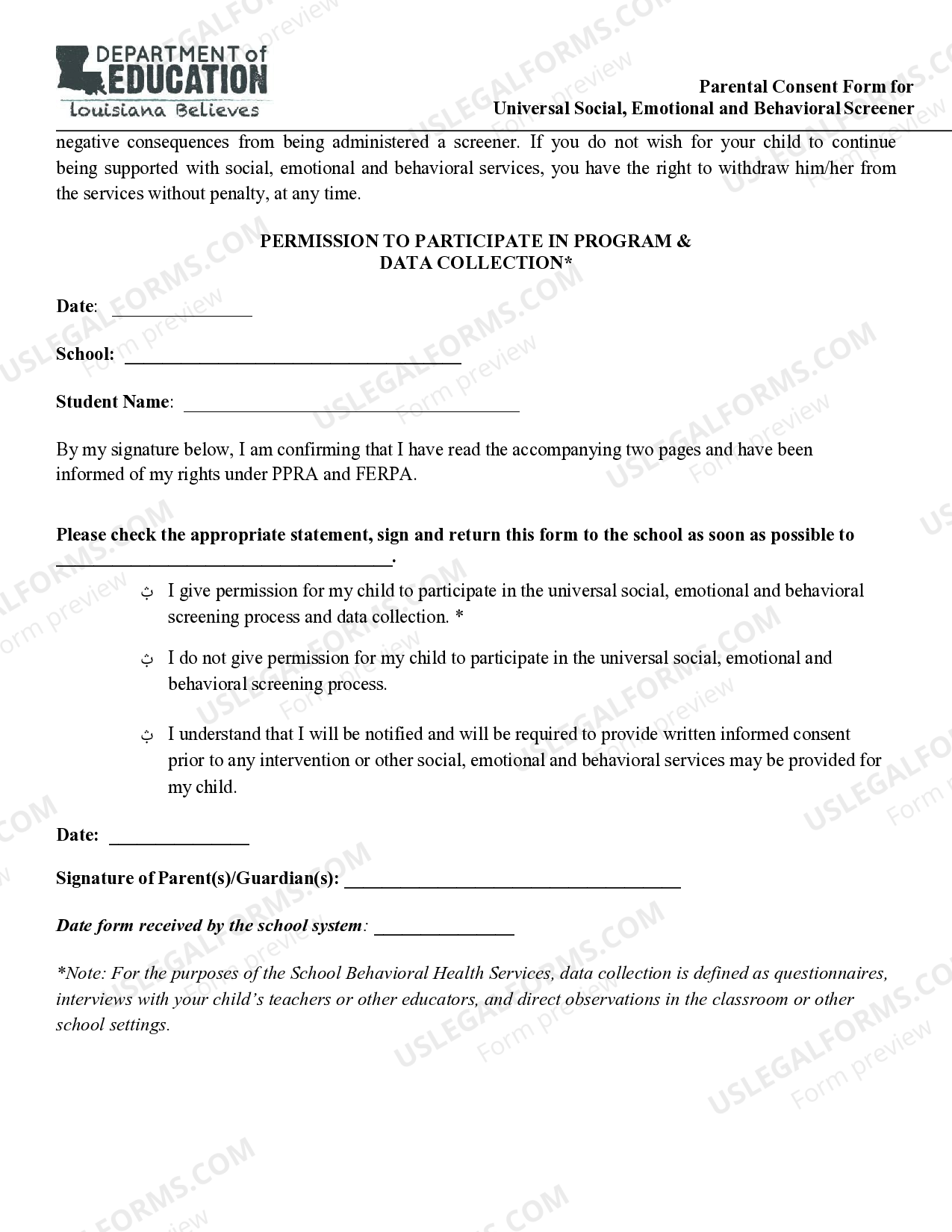 Department of Education Parental Consent Form for Participation in ...