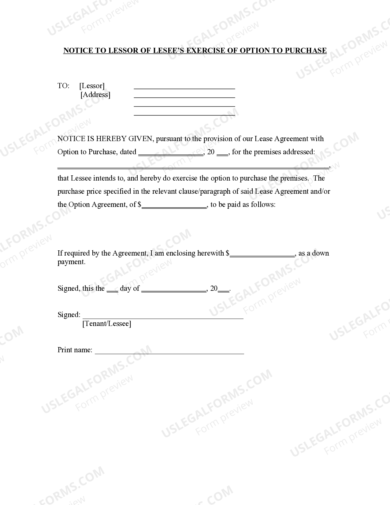 Notice Of Exercise Of Option To Purchase Form | US Legal Forms