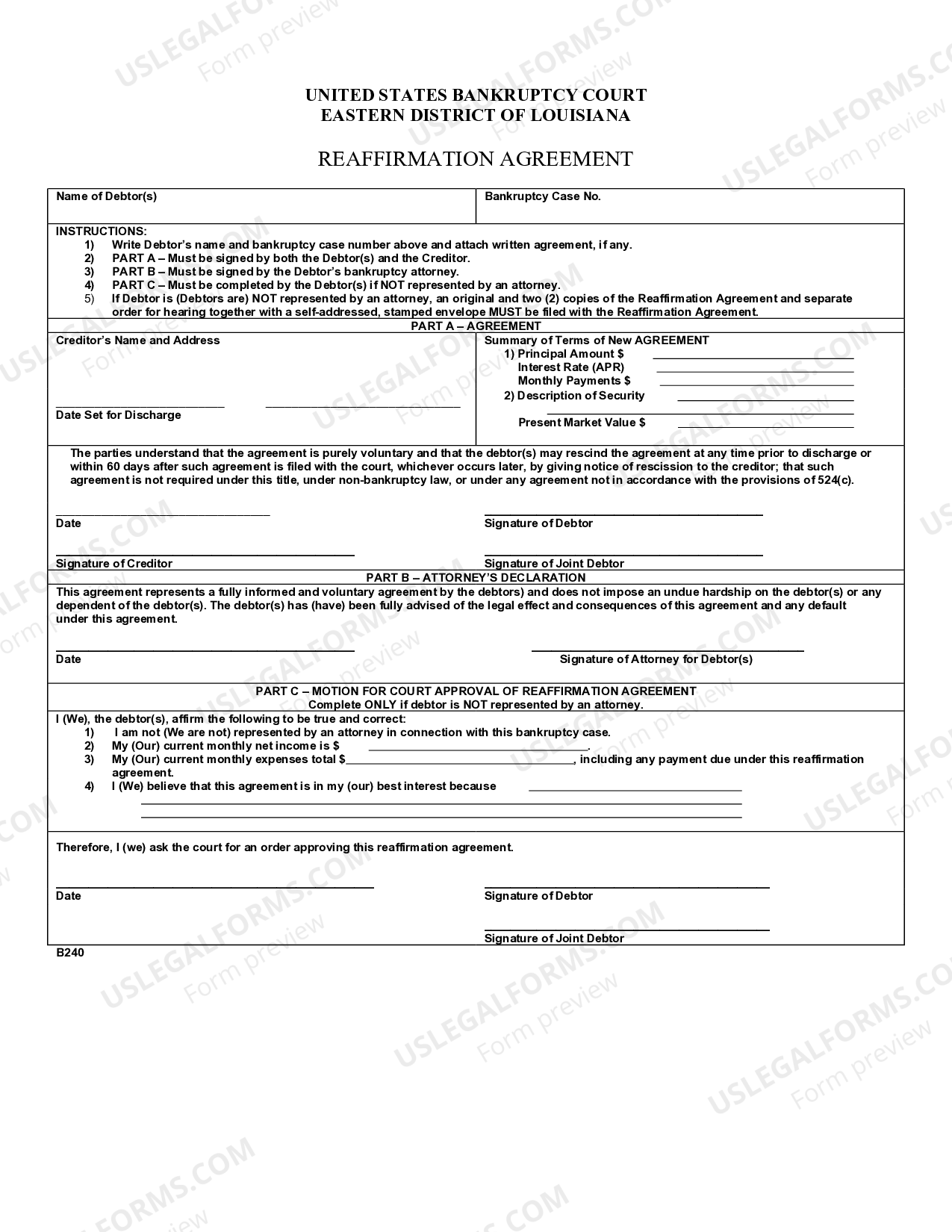 Louisiana Reaffirmation Agreement - Bkr Law | US Legal Forms