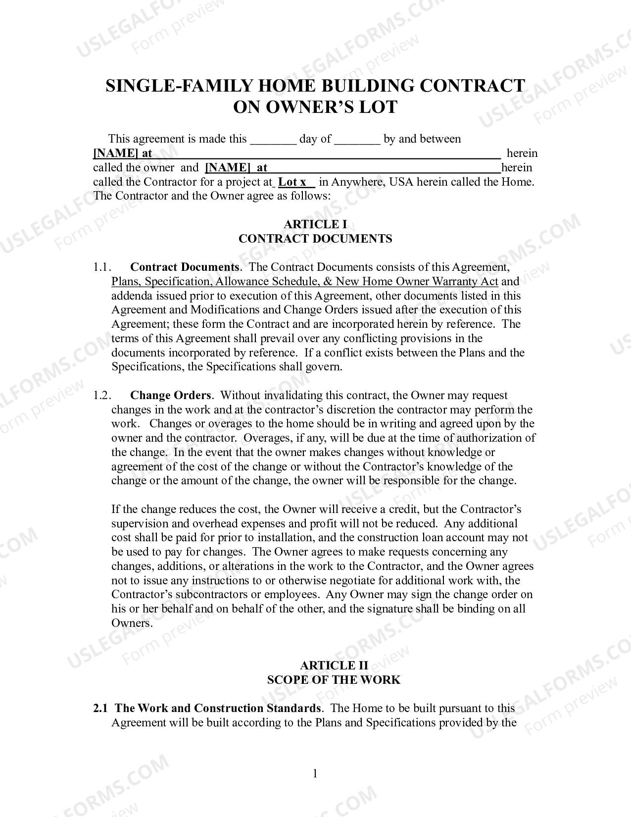 Louisiana Single-Family Home Building Contract on Owner's Lot | US ...