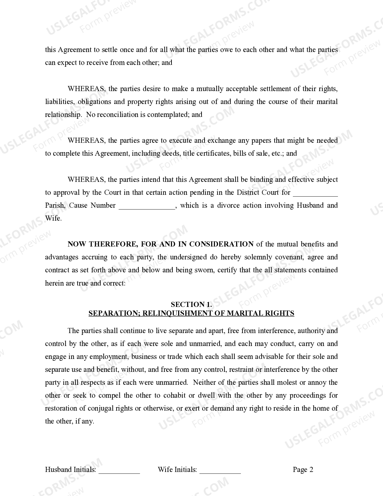 Marital Separation Agreement Louisiana Form | US Legal Forms