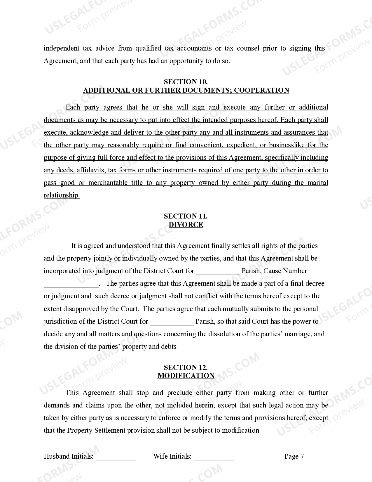 Louisiana Marital Domestic Separation and Property Settlement Agreement ...