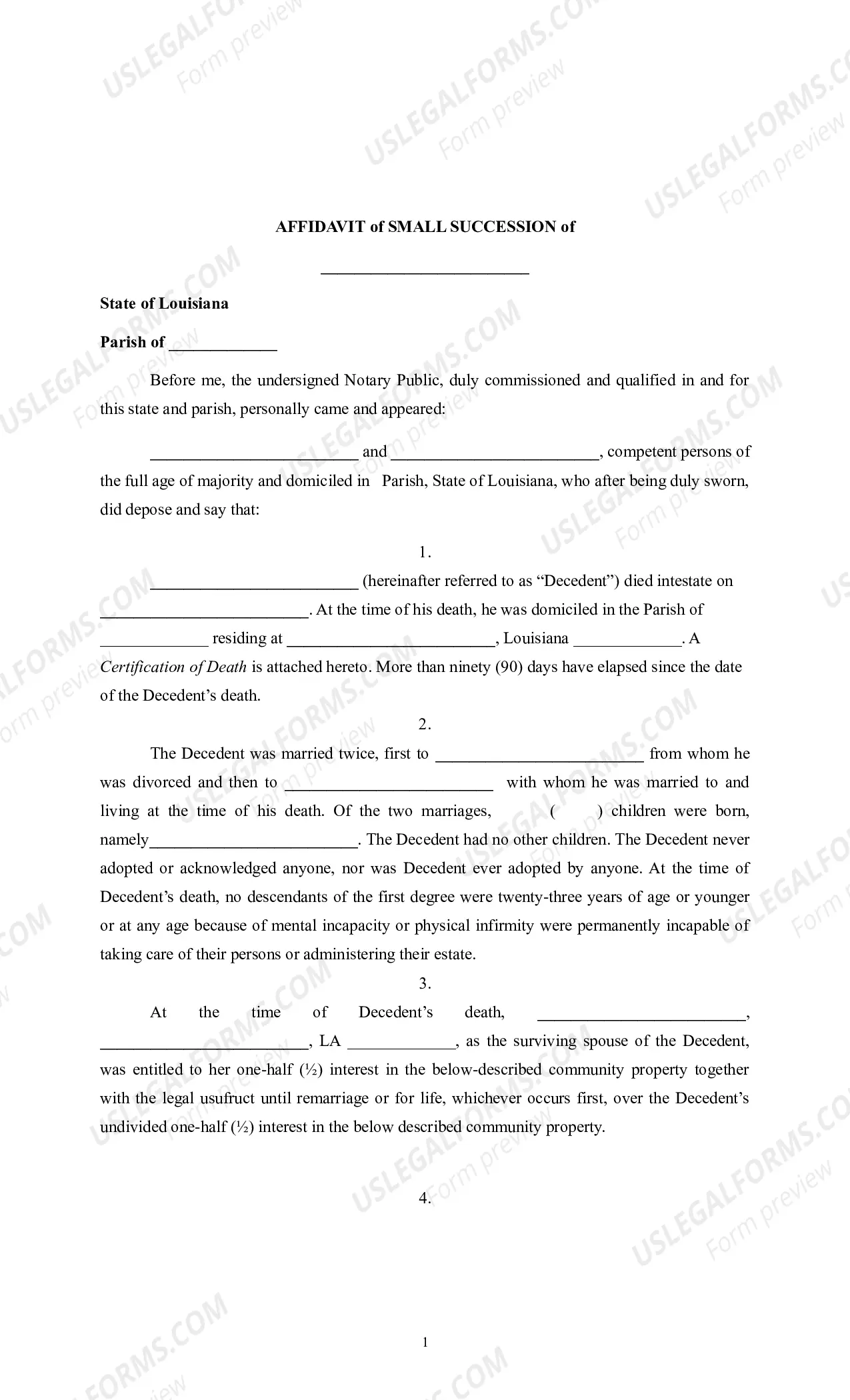 Louisiana Affidavit of Small Succession | US Legal Forms