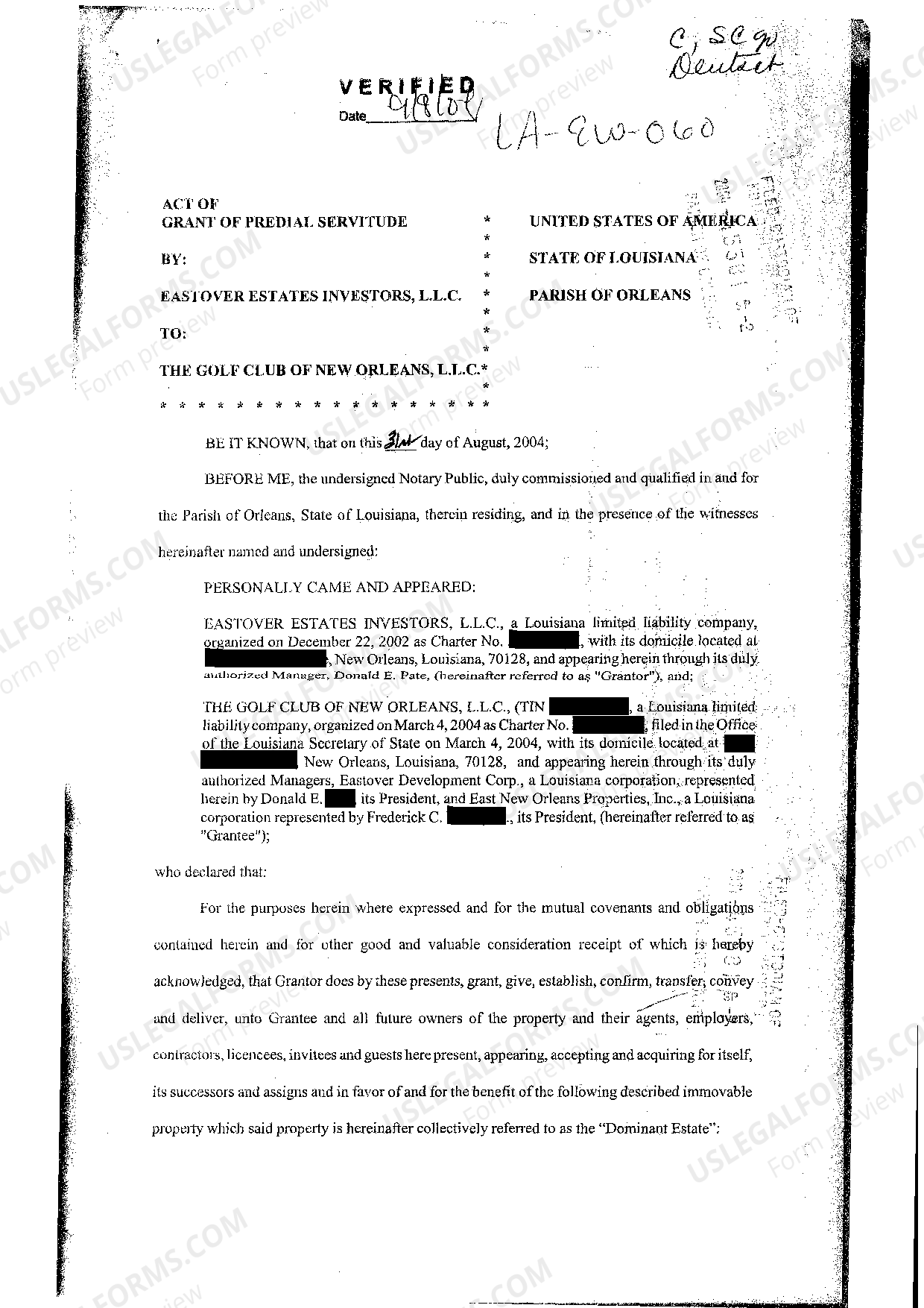 Louisiana Act Of Grant Of Predial Servitude - Predial Servitude Example ...