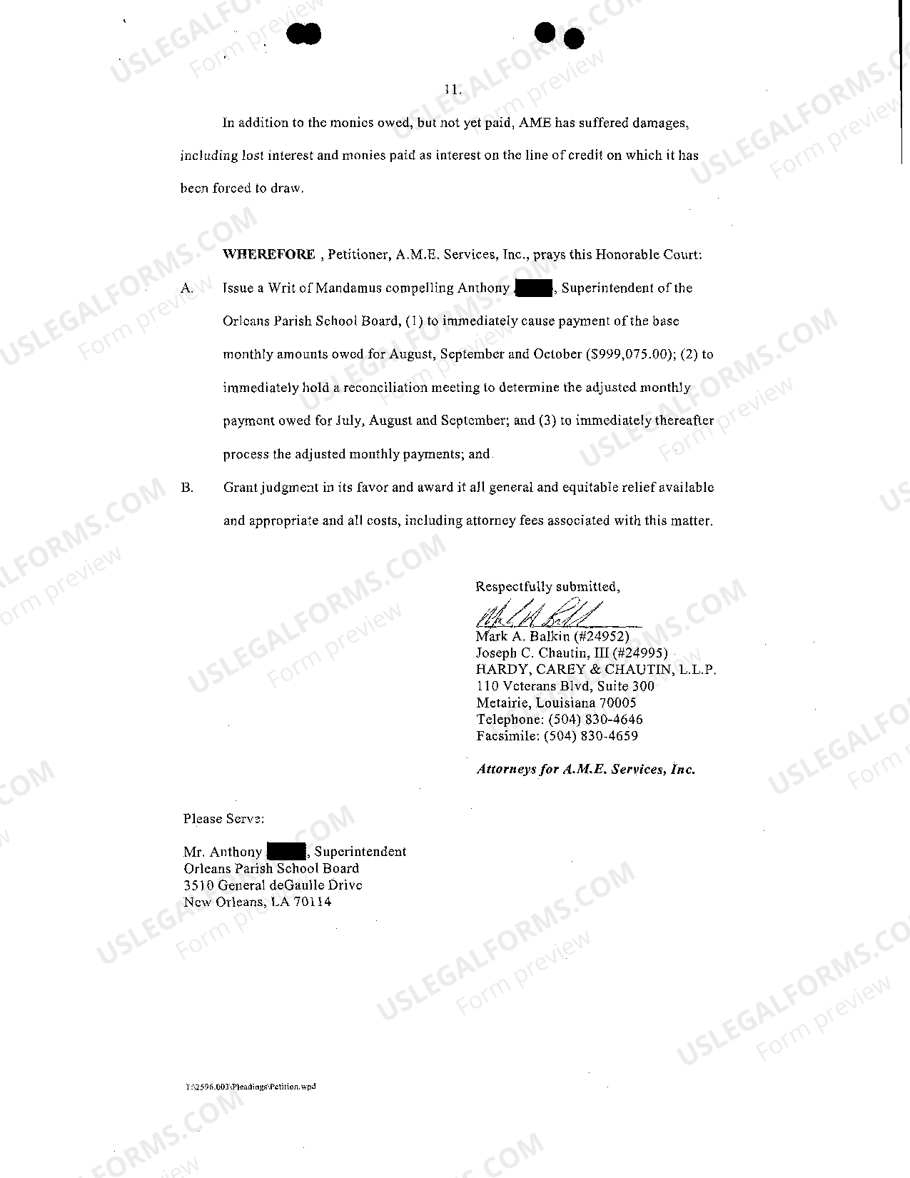 Louisiana Petition For Writ Of Mandamus And For Damages - Writ Of ...