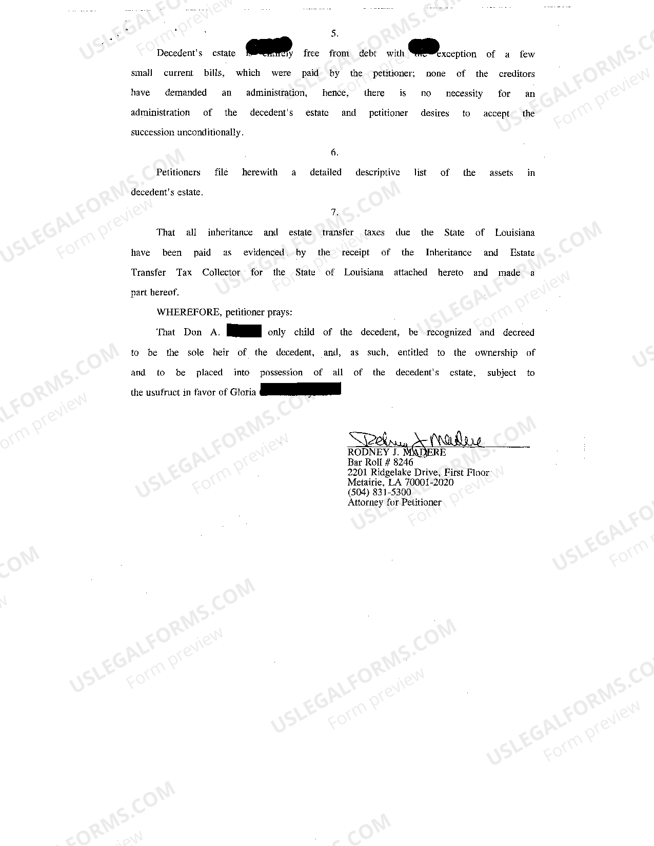 Louisiana Petition For Possession by Decedent's Spouse - Petition For ...