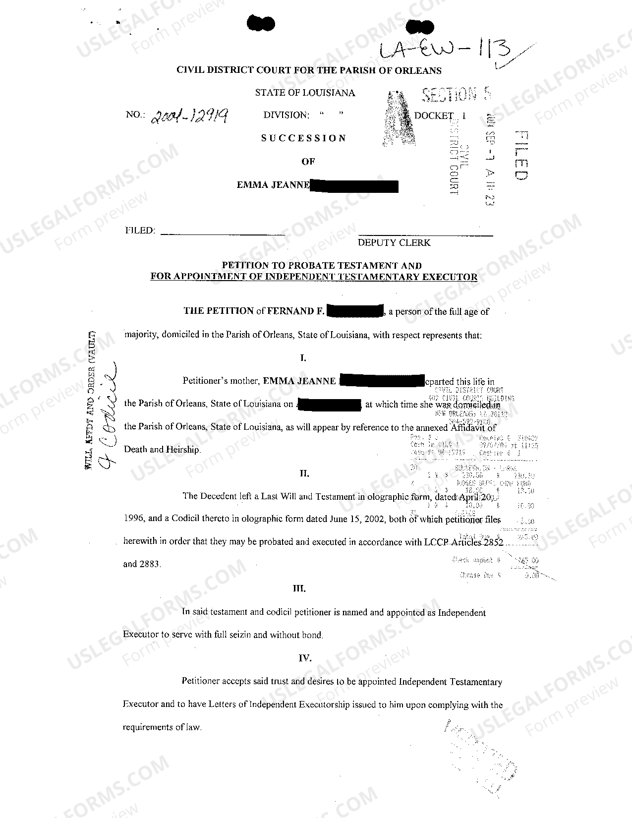 Louisiana Petition To Probate Testament And For Appointment Of ...