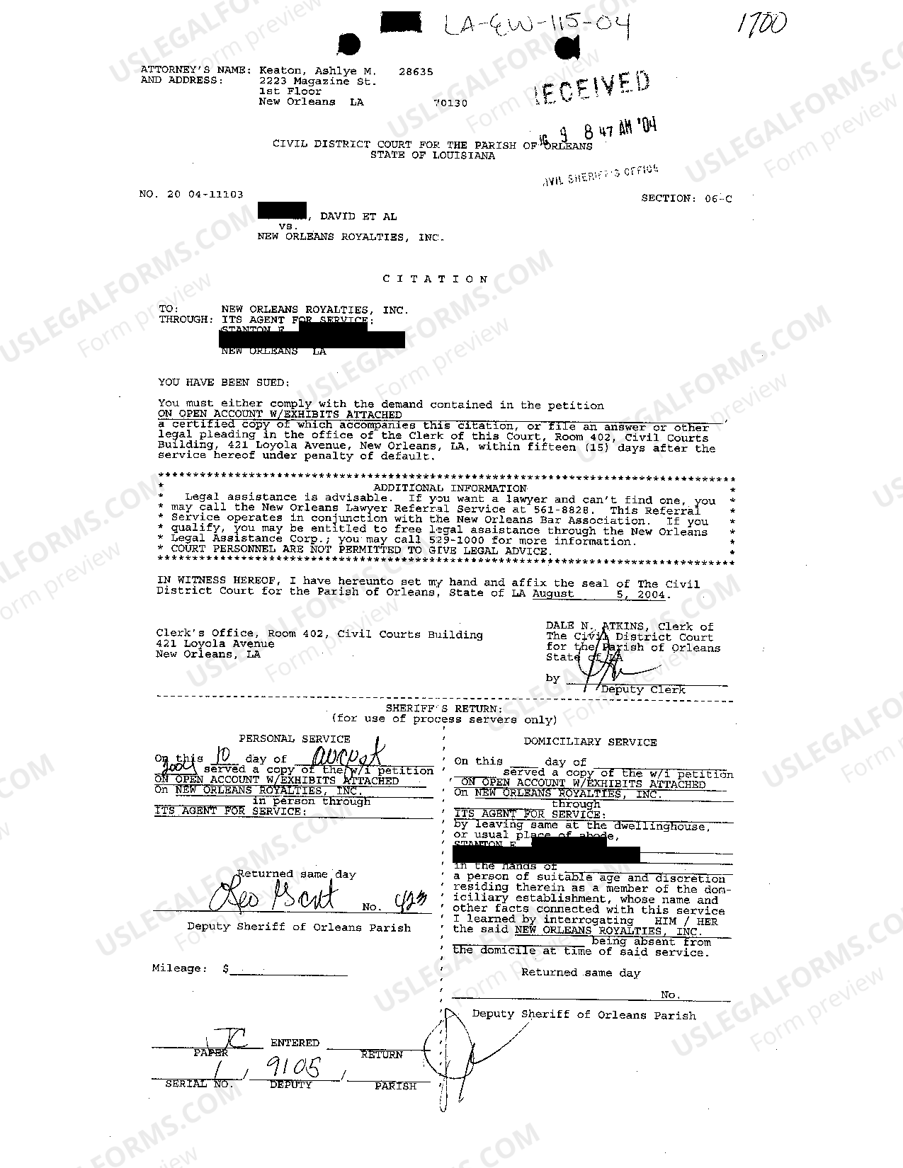 Louisiana Citation - Statement Of Claim And Citation Form Louisiana ...