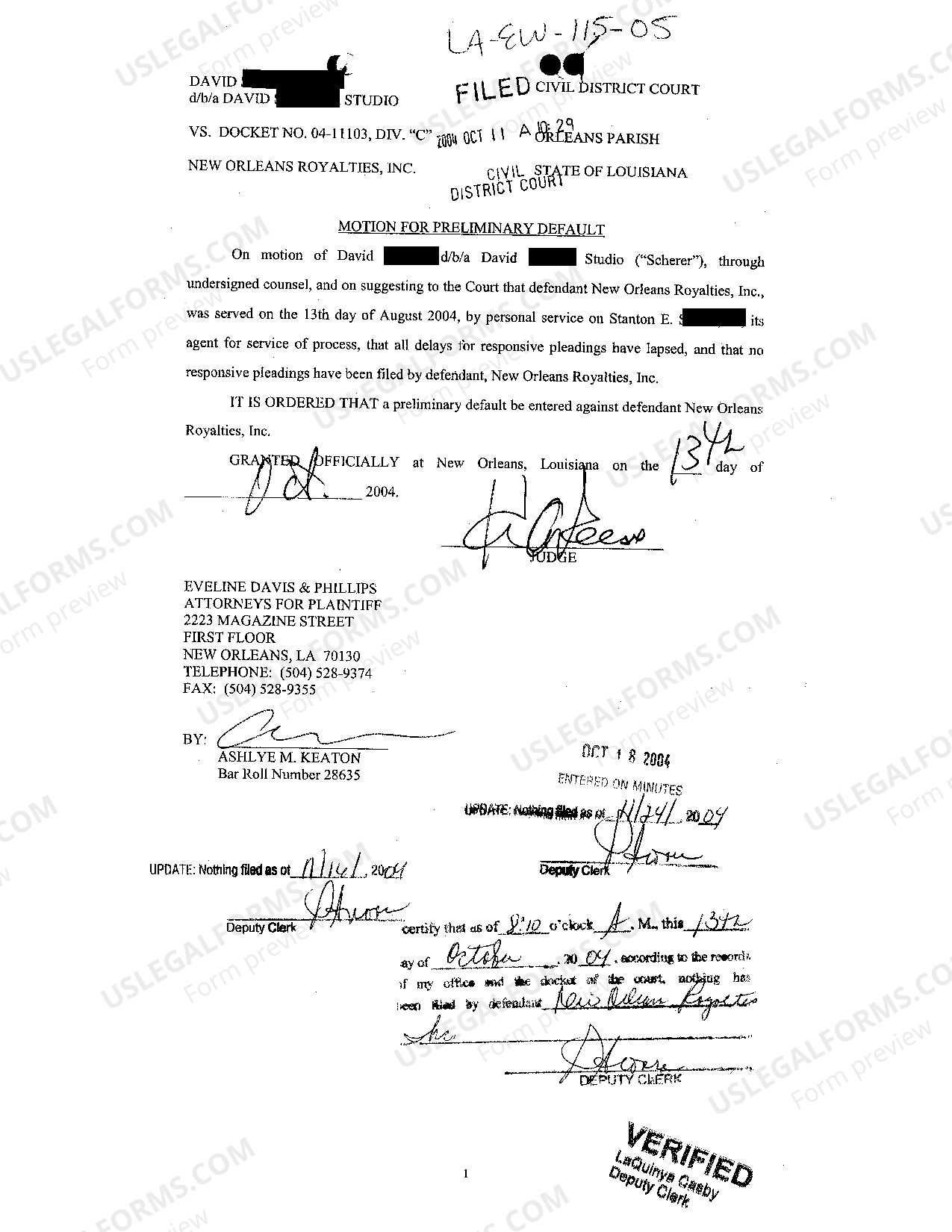 Louisiana Motion For Preliminary Default | US Legal Forms