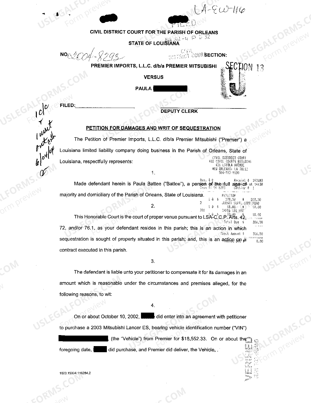 Louisiana Petition For Damages And Writ Of Sequestration - Writ Of ...