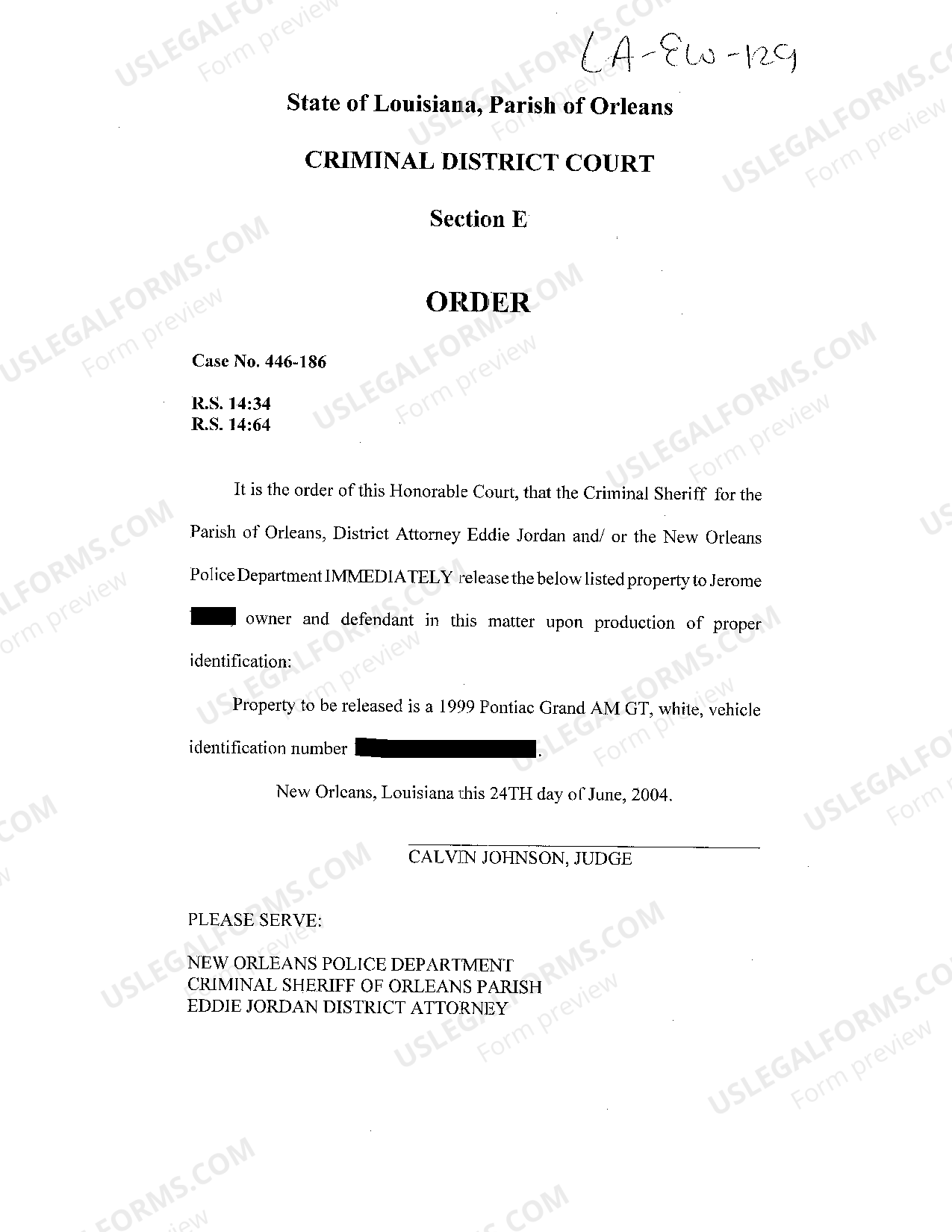 Louisiana Sample Order to Release Property | US Legal Forms