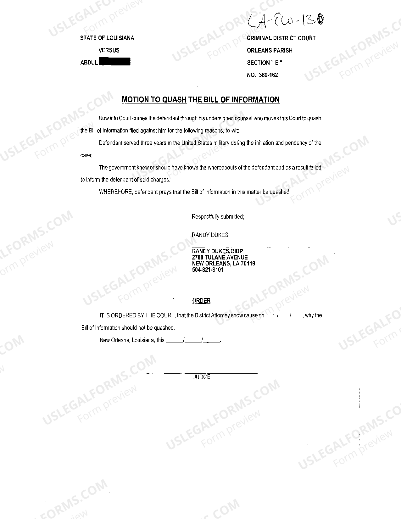 Louisiana Motion To Quash The Bill Of Information | US Legal Forms
