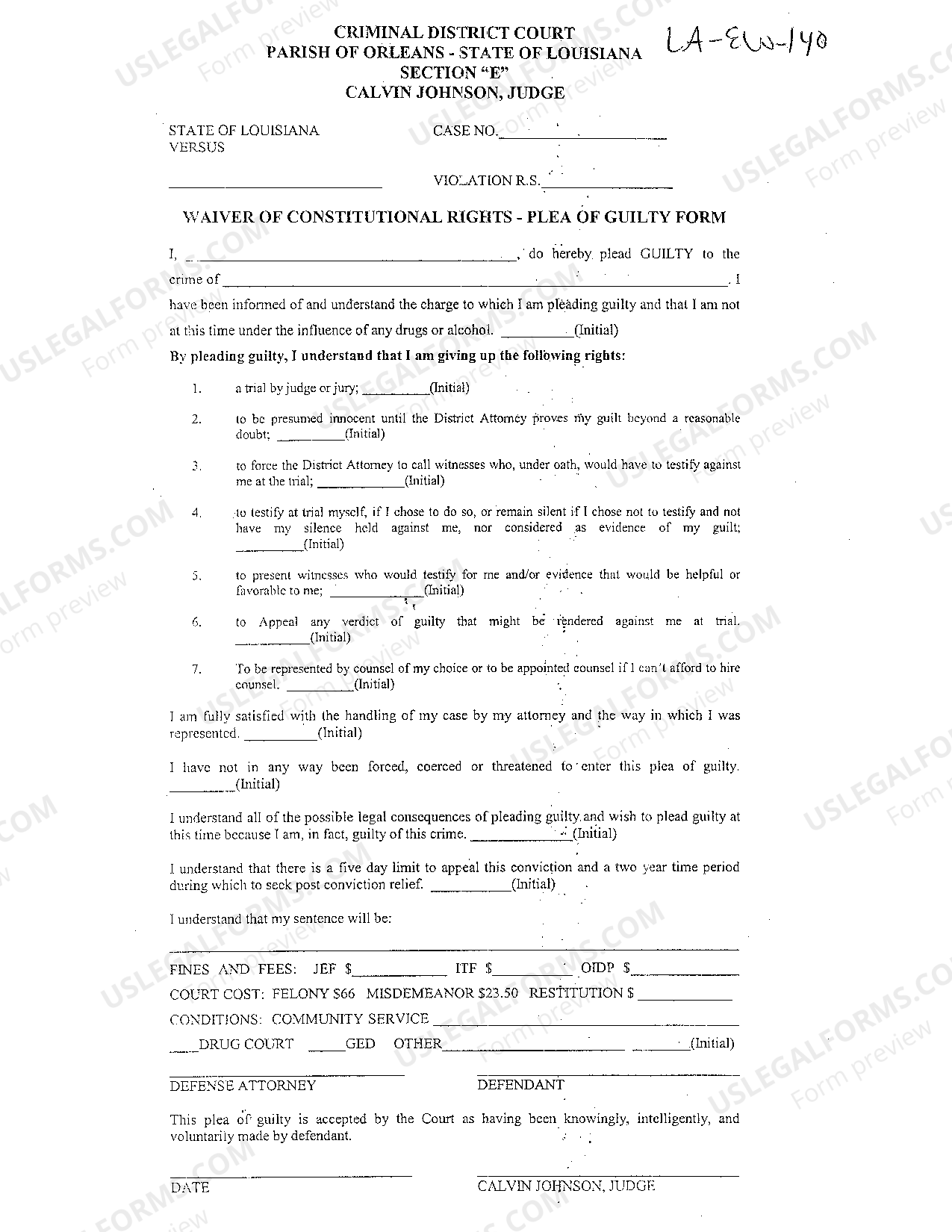 Louisiana Written Plea And Waiver Of Guilty Without Cause | US Legal Forms