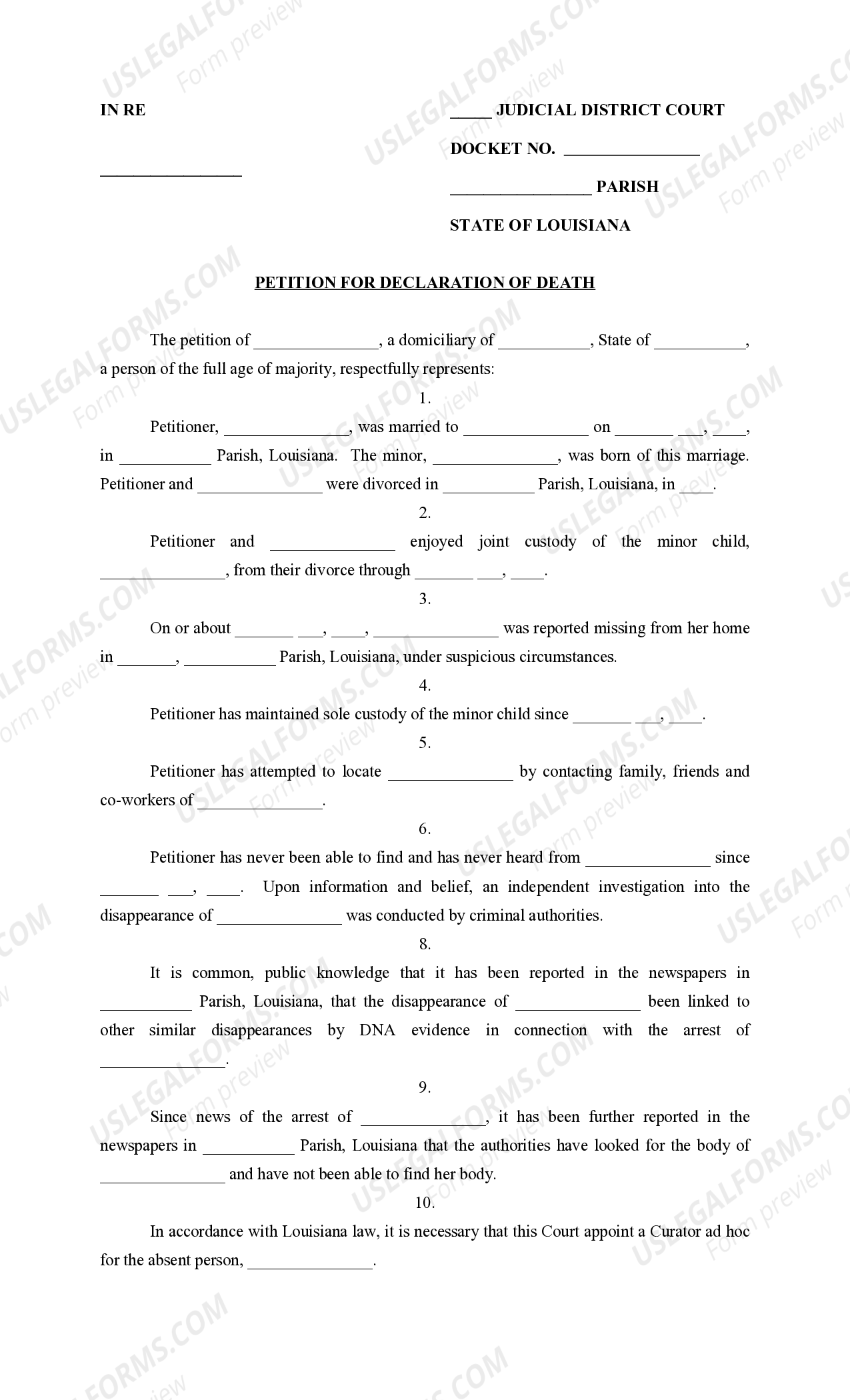 Louisiana Petition for Declaration of Death - Declaration Of Death Form