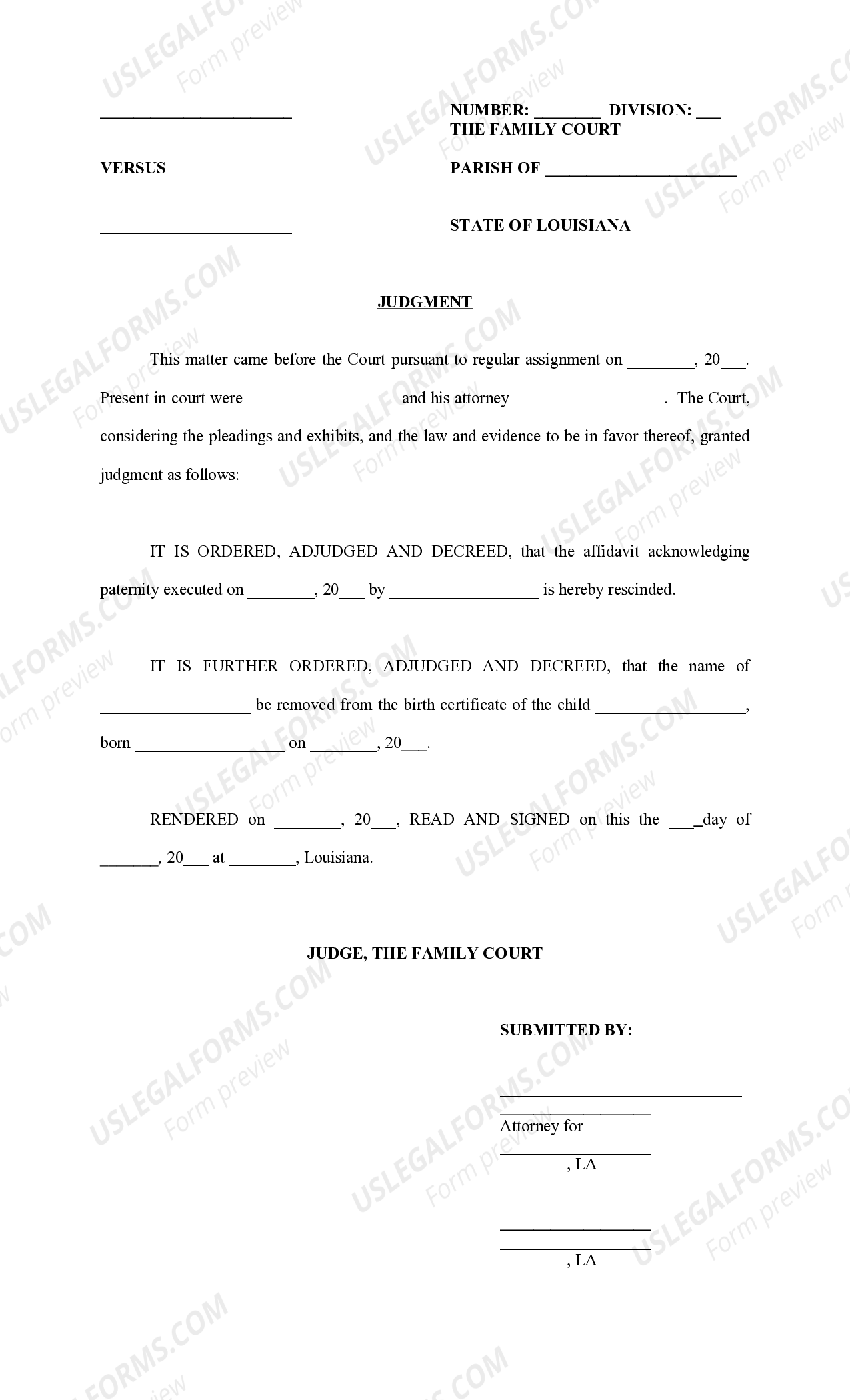 Louisiana Judgment Rescinding Affidavit Acknowledging Paternity | US Legal Forms