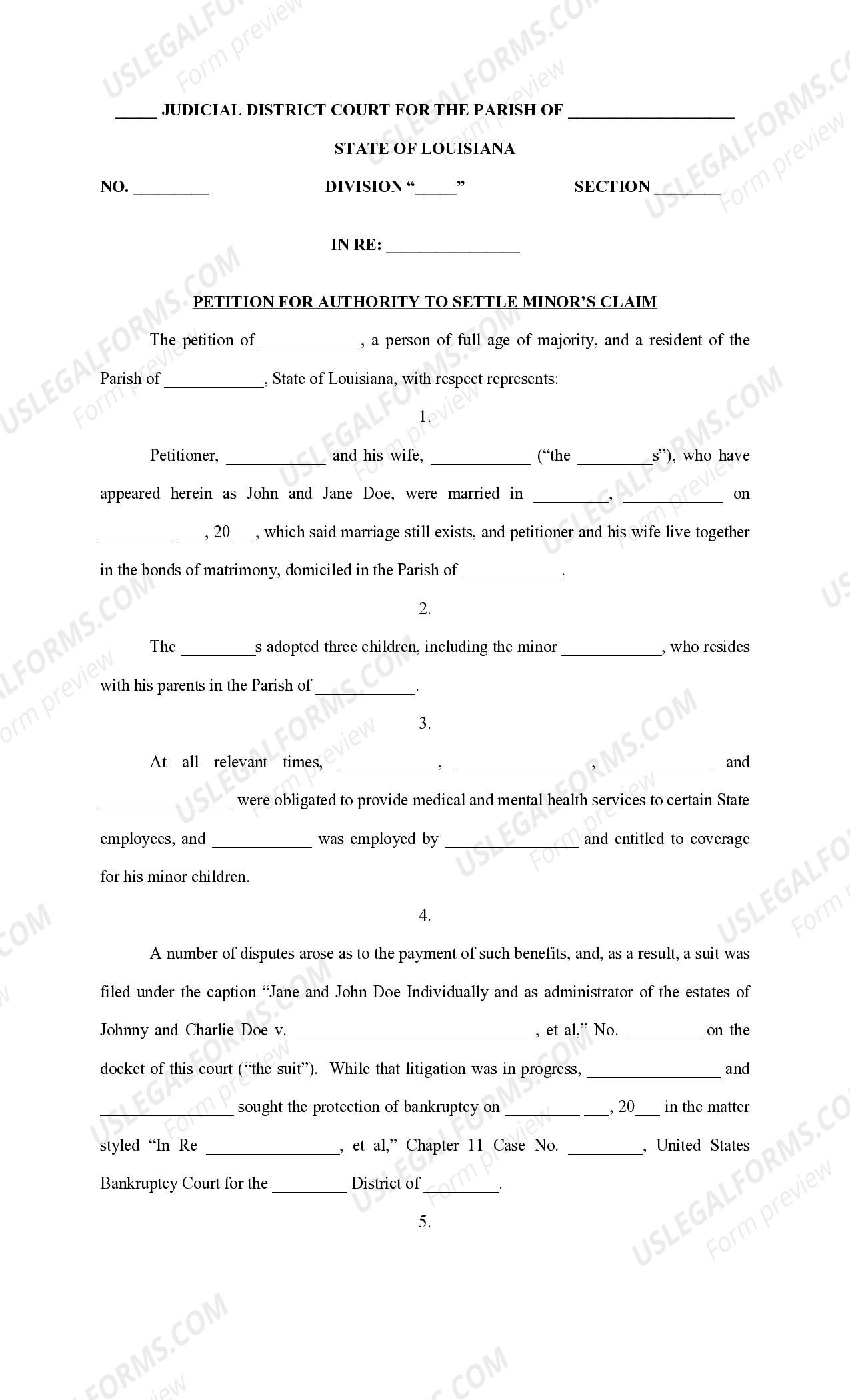 Louisiana Petition for Authority to Settle Minor's Claim - Petition For ...