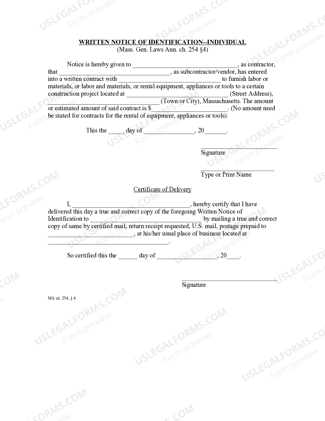 Massachusetts Written Notice of Identification - Individual | US Legal ...