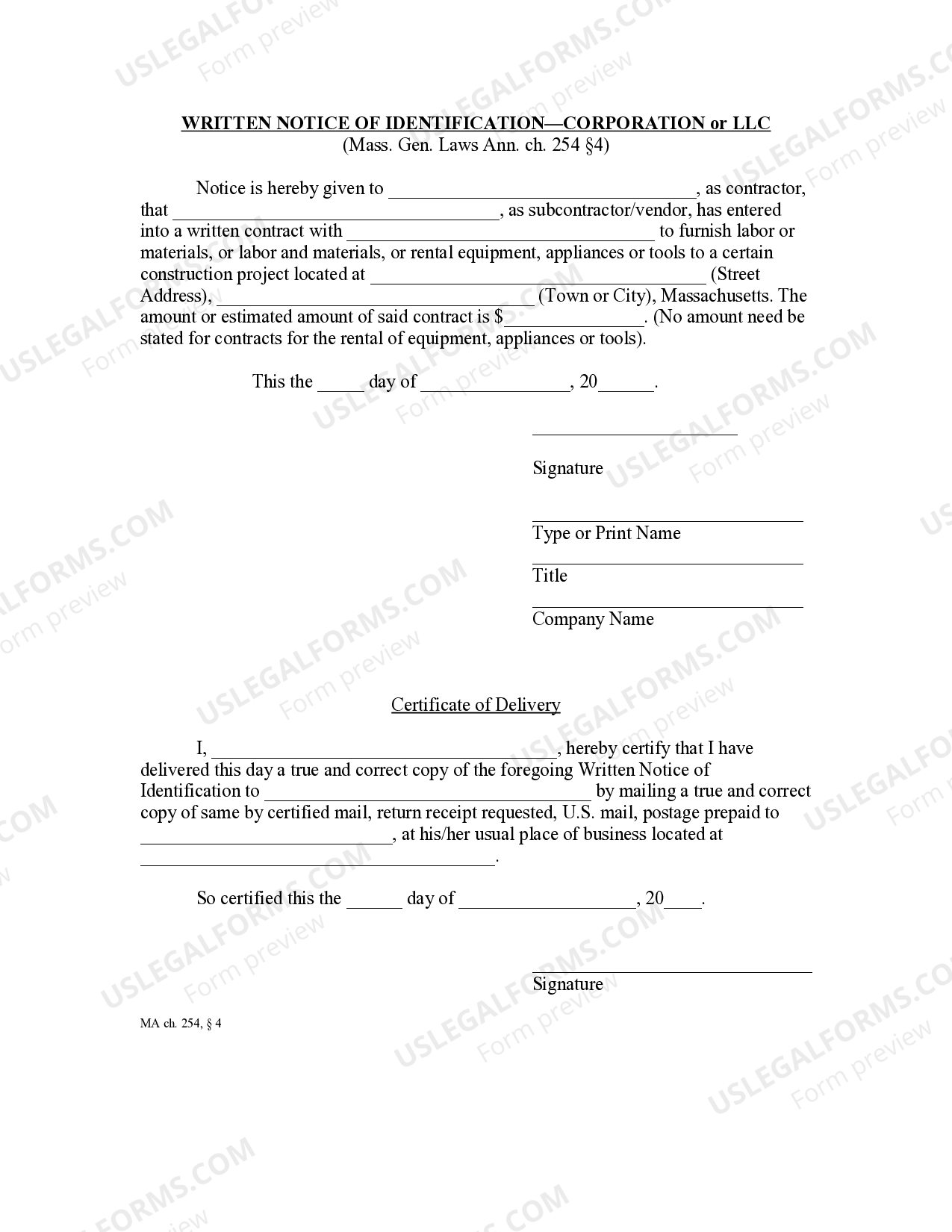 Massachusetts Written Notice of Identification by Corporation or LLC ...