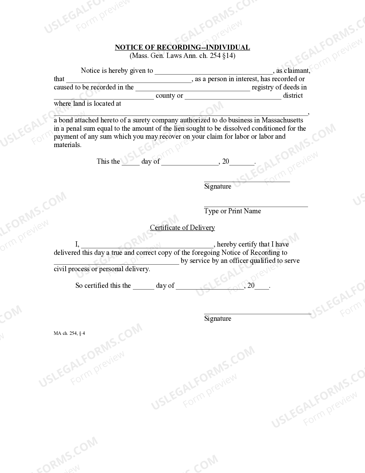 Massachusetts Notice of Recording - Individual | US Legal Forms