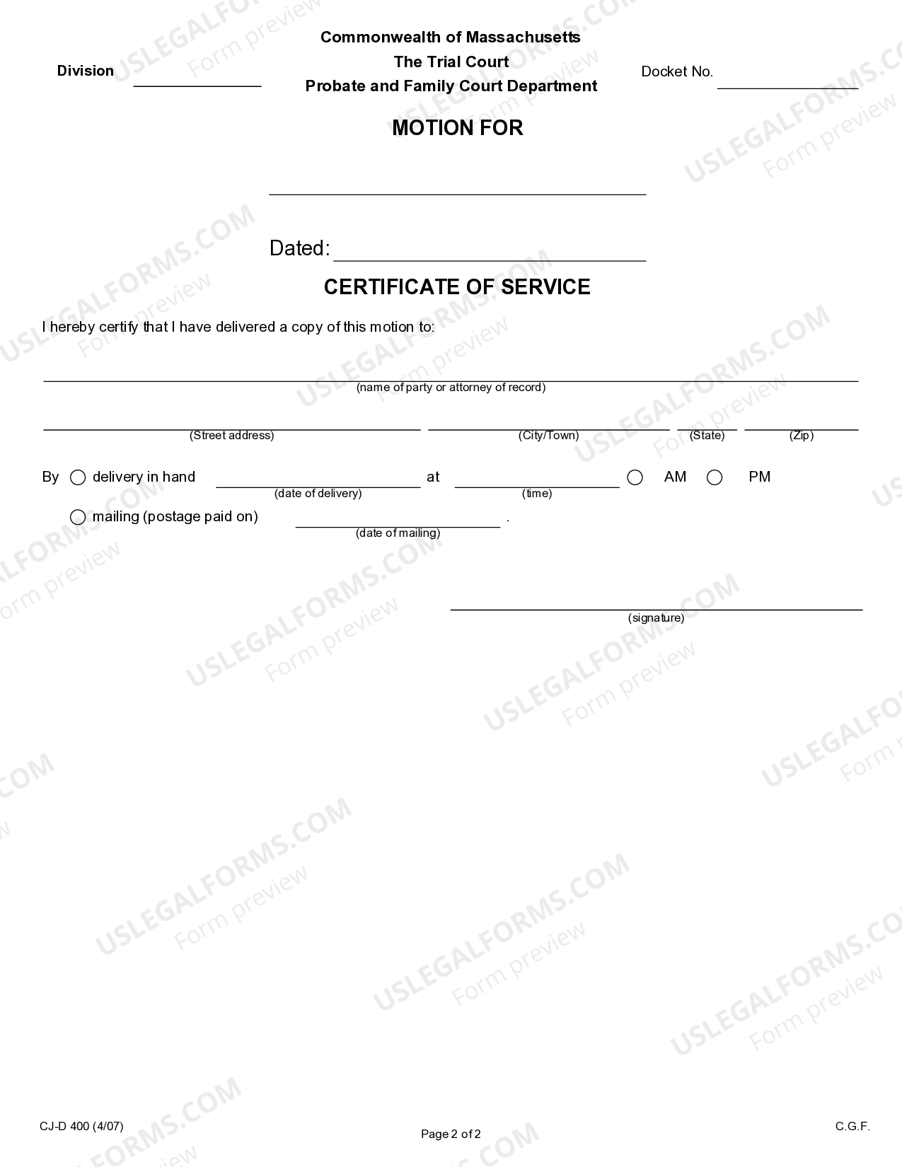 Massachusetts Motion - CD-J-400 - Ma Motion Form | US Legal Forms