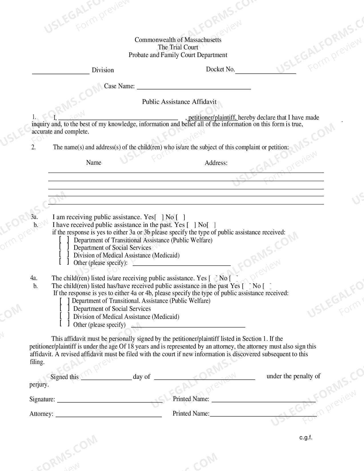 Massachusetts Public Assistance Affidavit | US Legal Forms