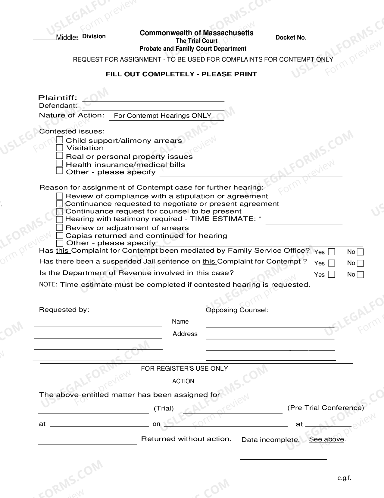 Massachusetts Request For Assignment of Contempt complaint | US Legal Forms