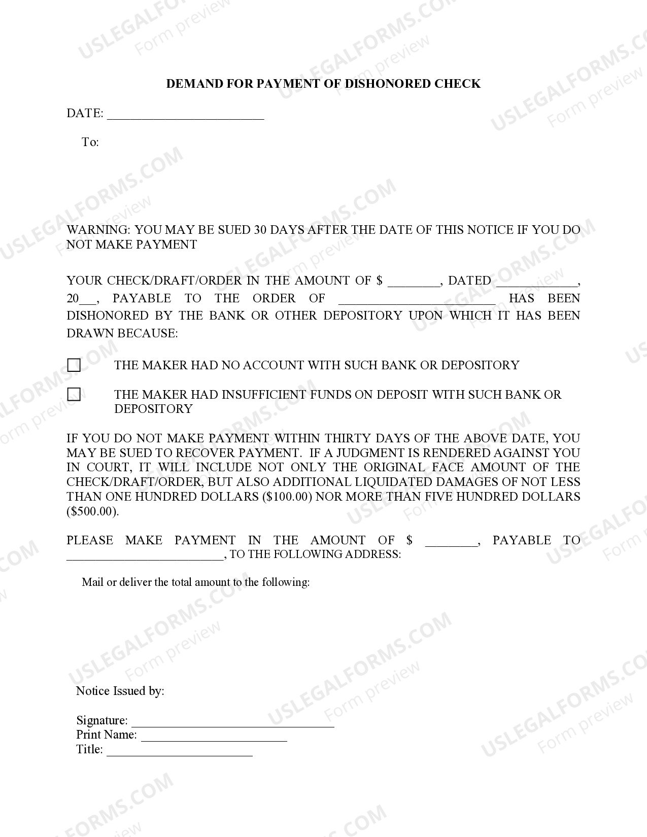 Massachusetts Notice of Dishonored Check - Civil - Keywords: bad check ...