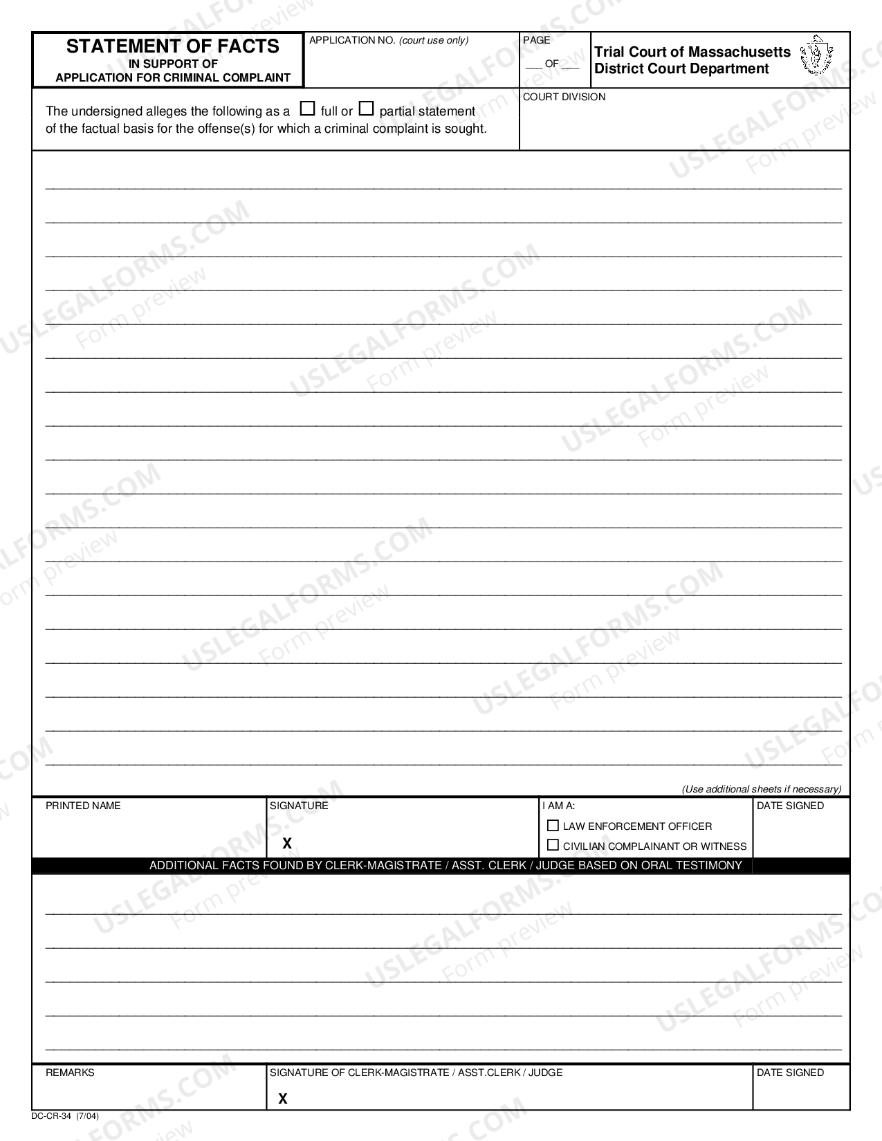 Massachusetts Application For Criminal Complaint Form | US Legal Forms