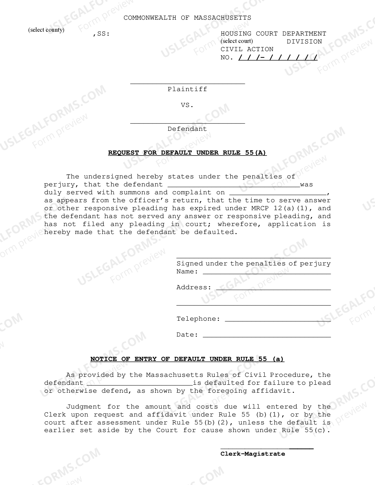 Massachusetts Request for Default | US Legal Forms