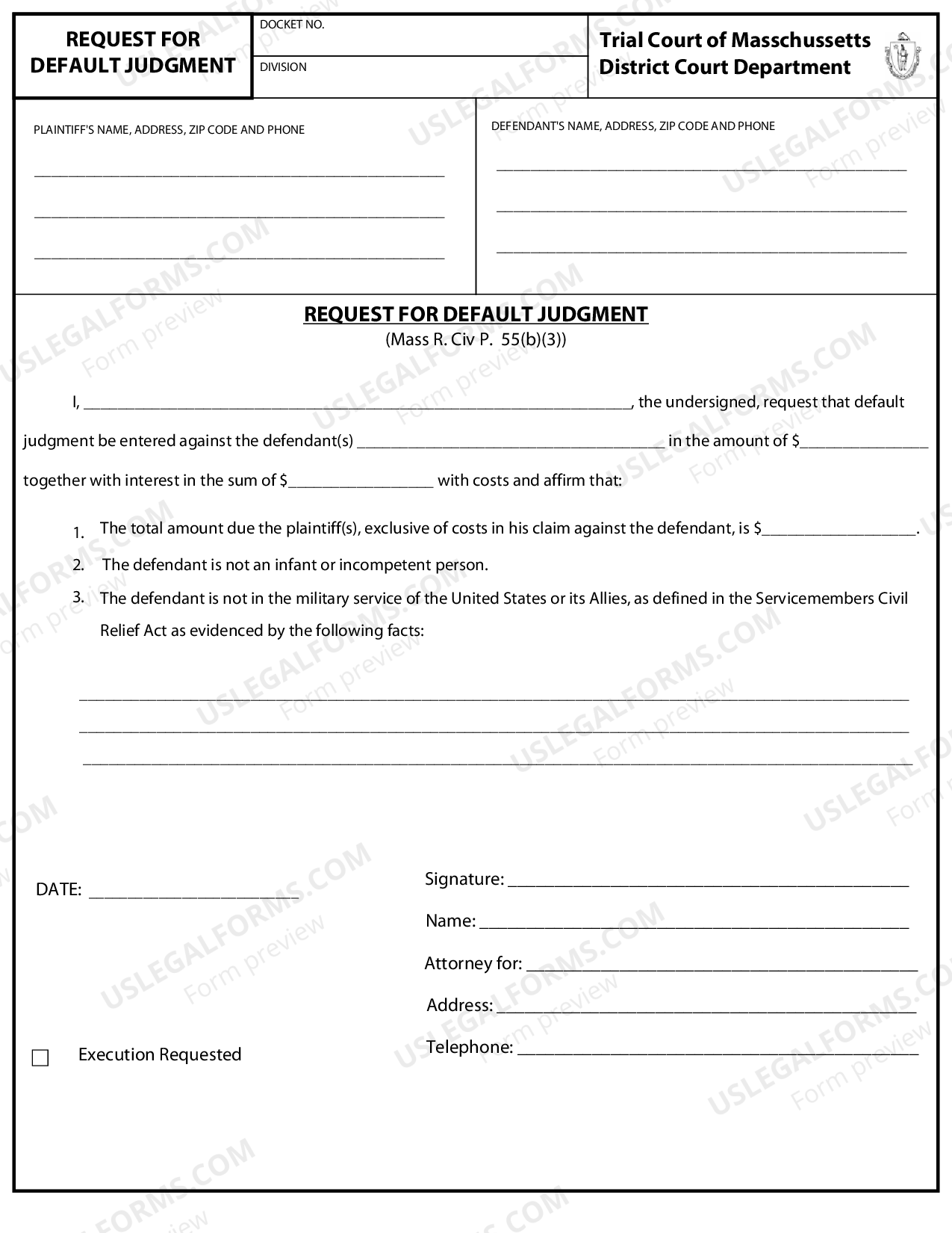 Massachusetts Request for Default Judgment | US Legal Forms