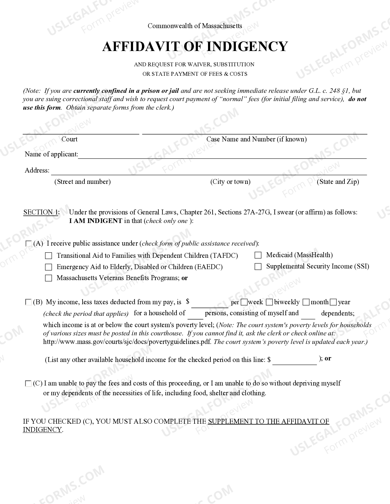 Middlesex Massachusetts Affidavit of Indigency and Request for Relief ...