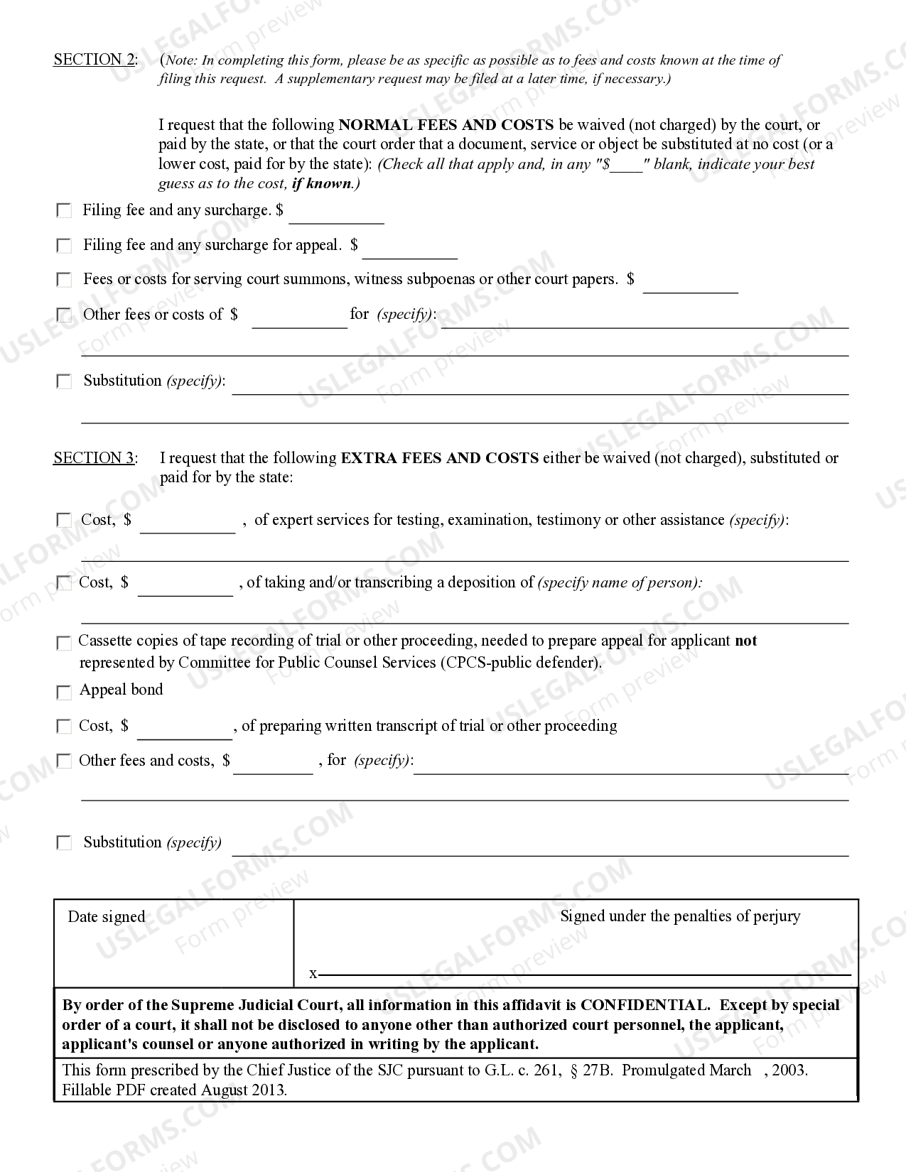 Massachusetts Affidavit of Indigency and Request for Relief from Fees ...